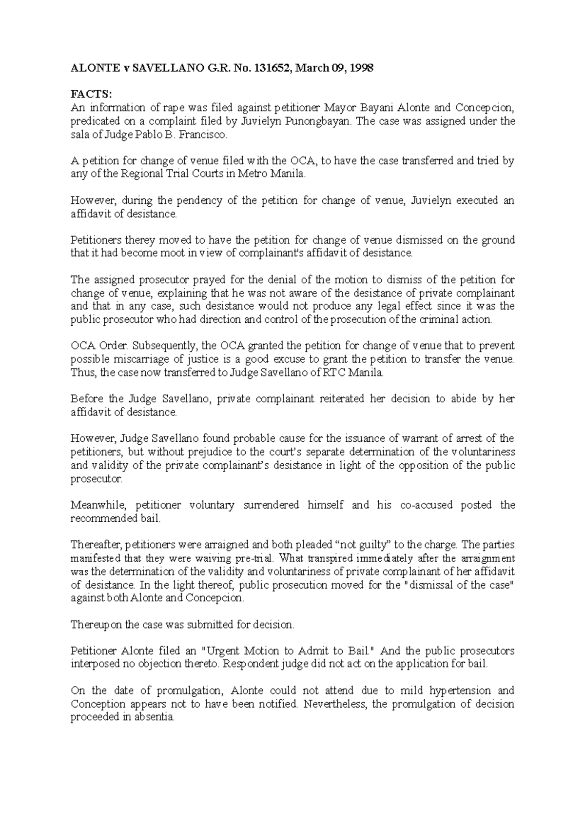 Alonte v Savellano G.R. No. 131652 - Case Digest Analysis & Rulings ...