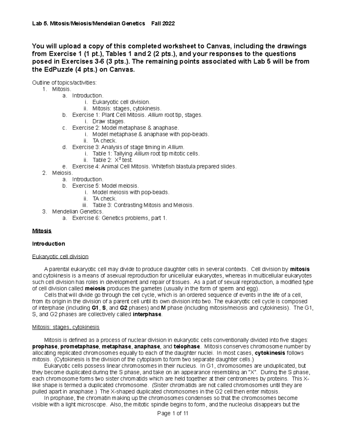 Lab 5: Mitosis, Meiosis & Mendelian Genetics - Bio61 F22 Worksheet ...