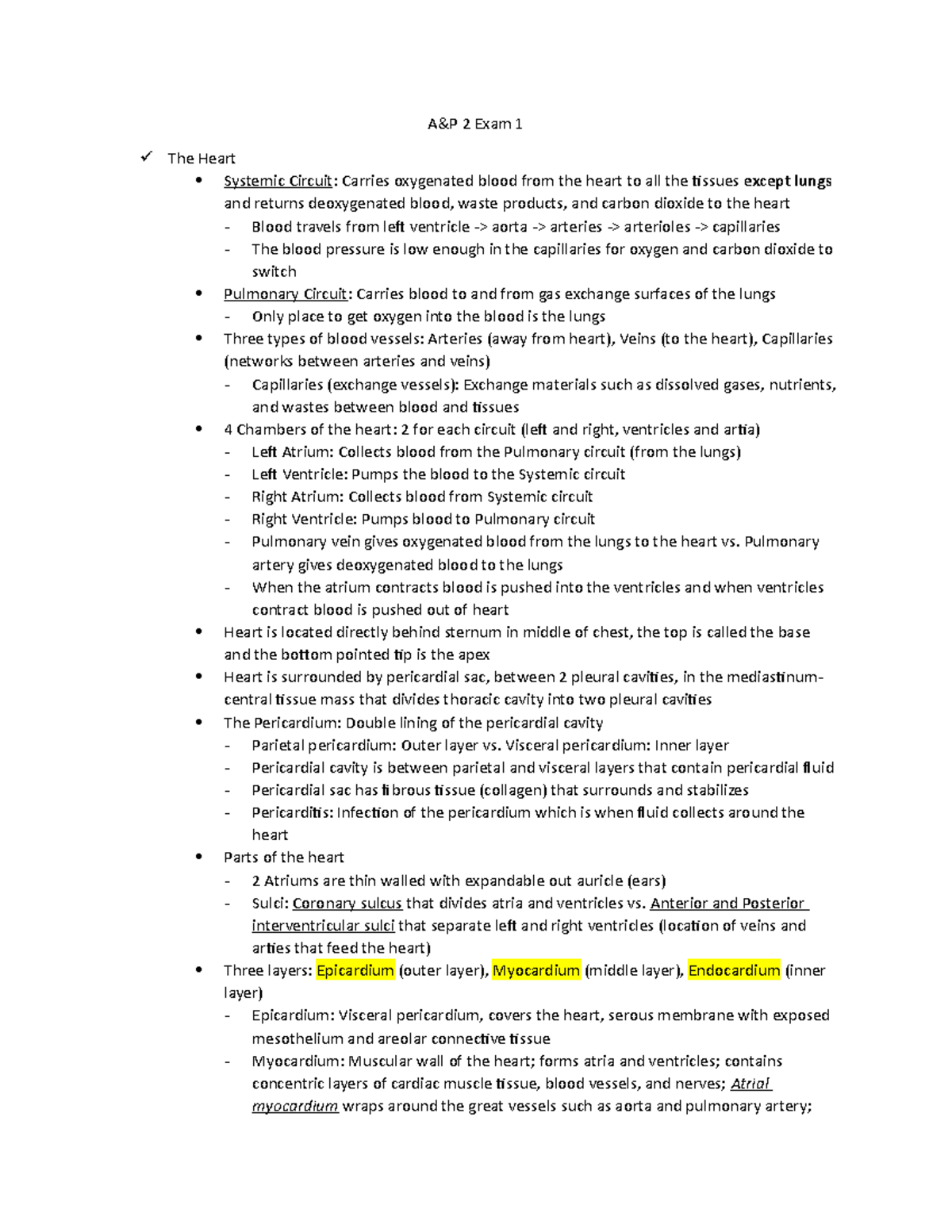 Exam 1 A&P 2 - Comprehensive Outline of Heart & Blood Functions - Studocu