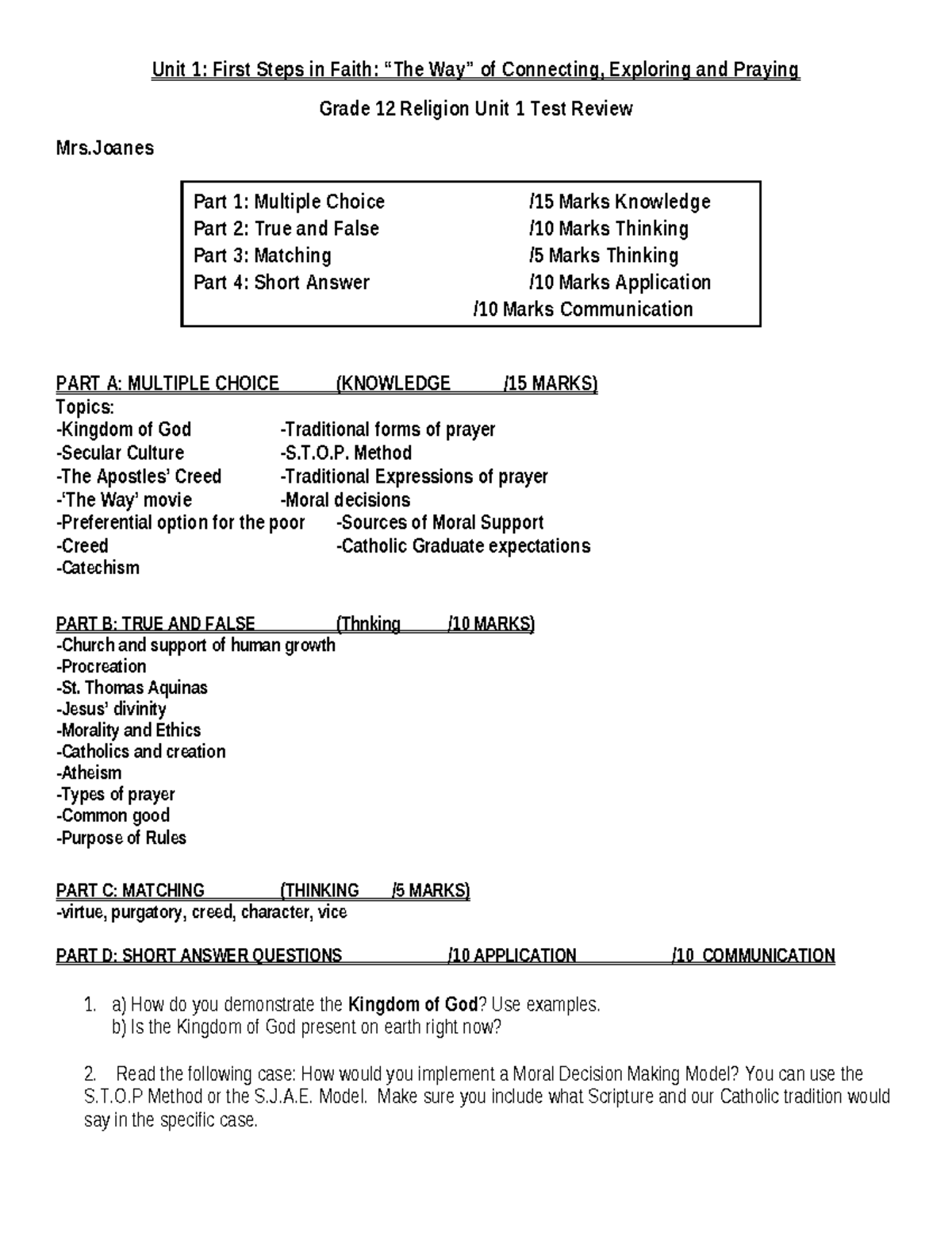 GR12 Religion Unit 1 Test Review: First Steps in Faith - Studocu