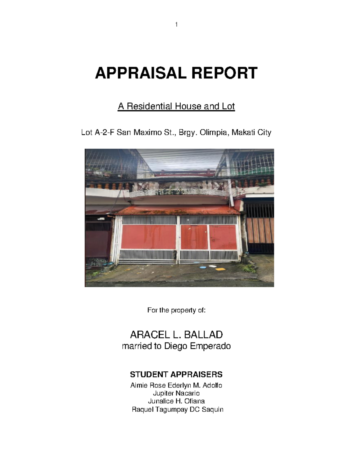 Draft Appraisal Report for Residential House Lot A-2-F, Makati City ...