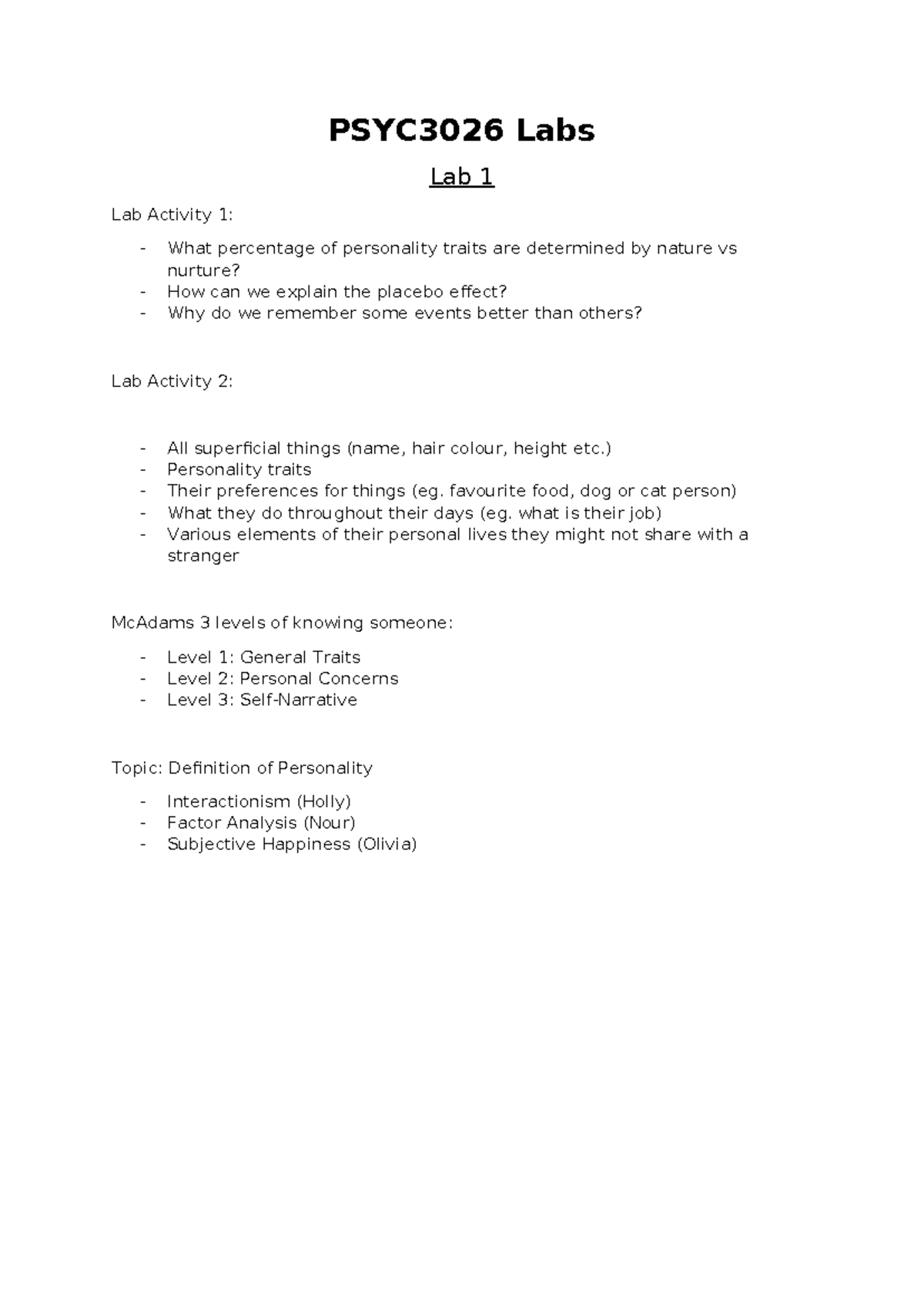 PSYC3026 Lab Notes: Exploring Personality Traits & Theories - Studocu