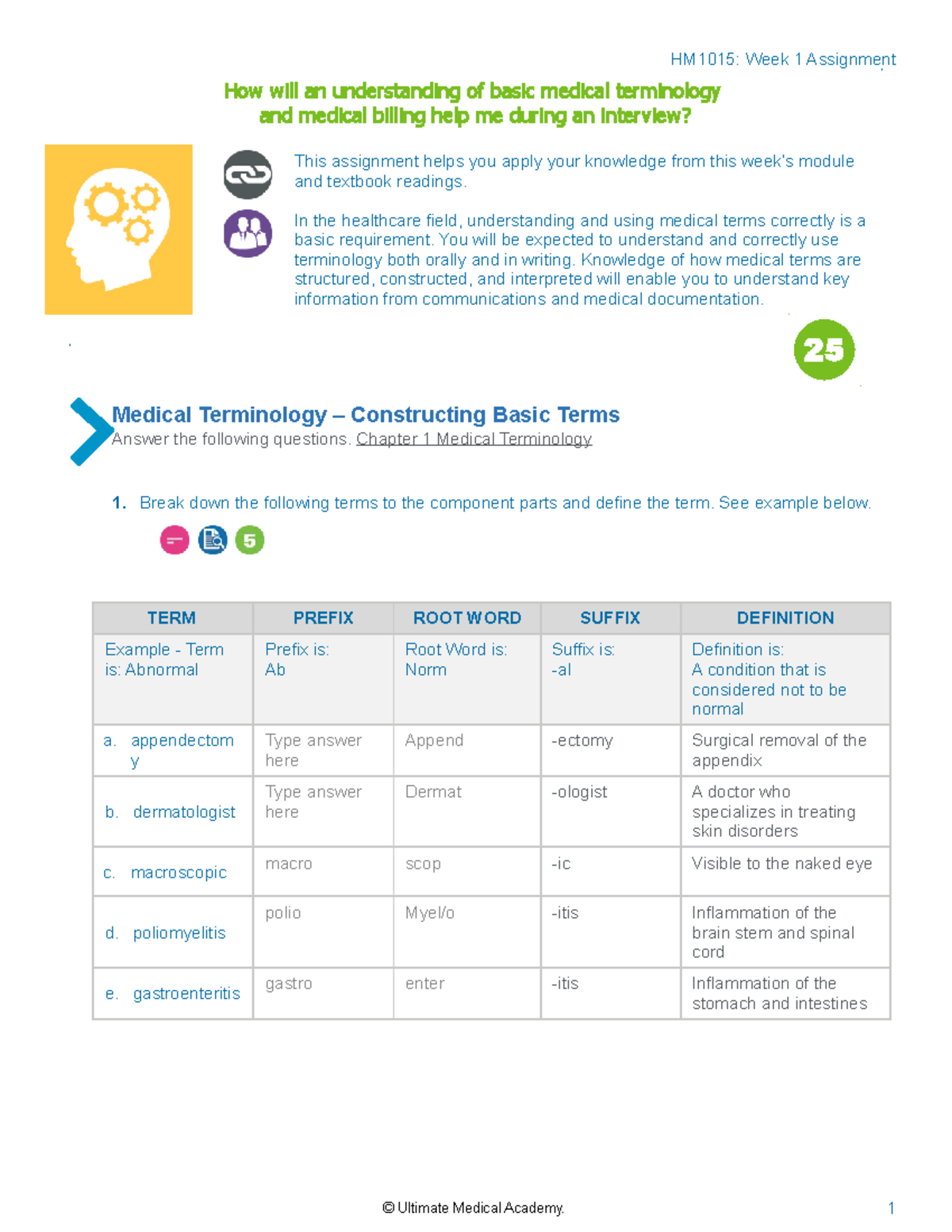 HM 1015: Week 1 Assignment on Medical Terminology & Billing - Studocu