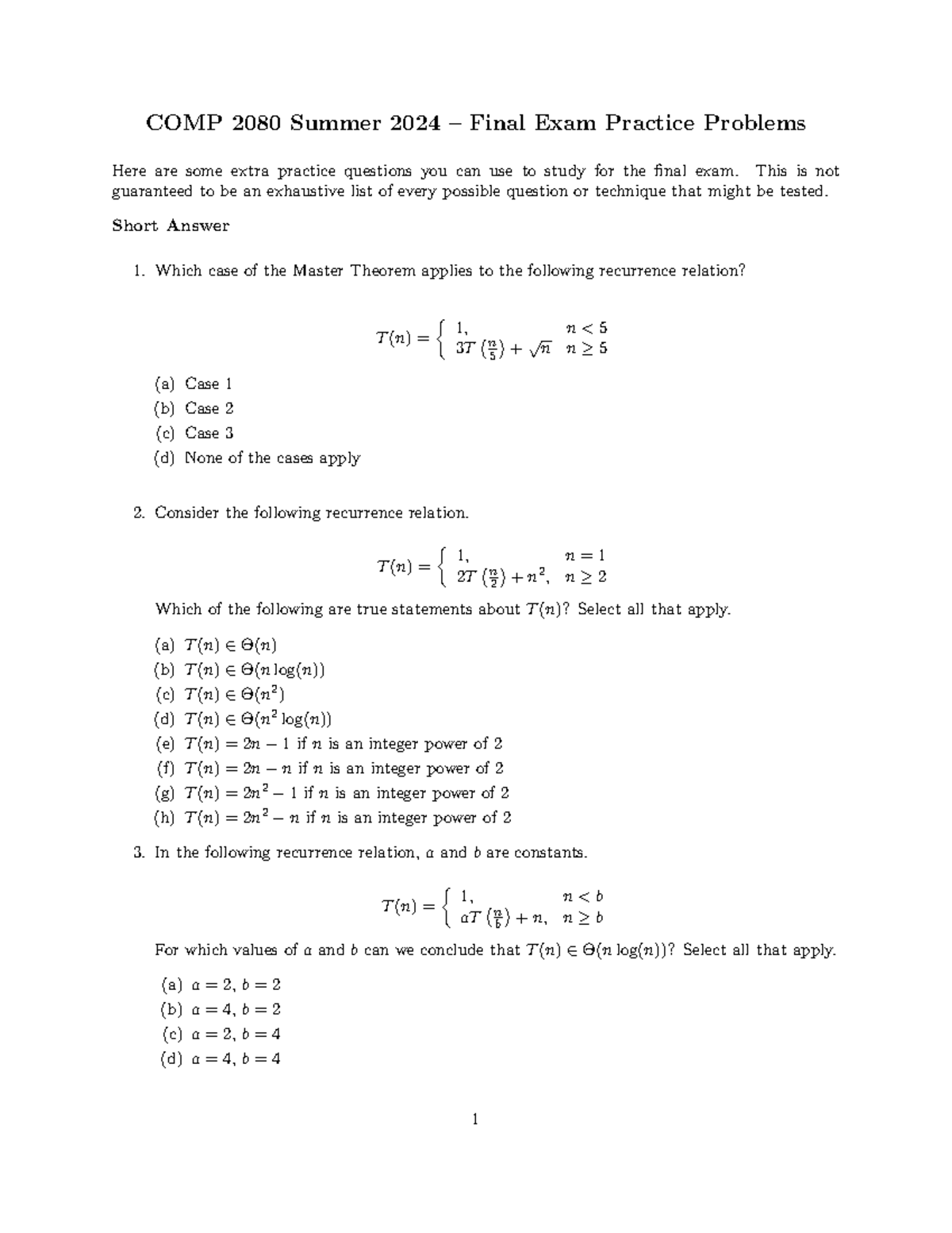 COMP 2080 Summer 2024 Final Exam Practice Problems - Studocu