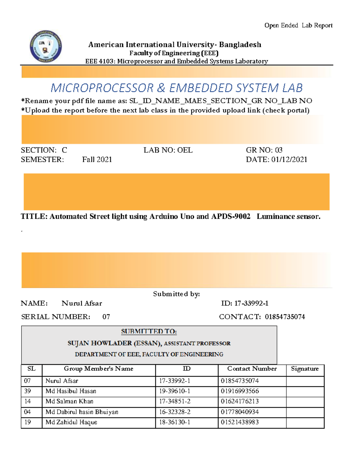 07 17-33992-1 Afsar, Nurul B 03 OEL - Open Ended Lab Report MICROPROCESSOR & EMBEDDED SYSTEM LAB ...