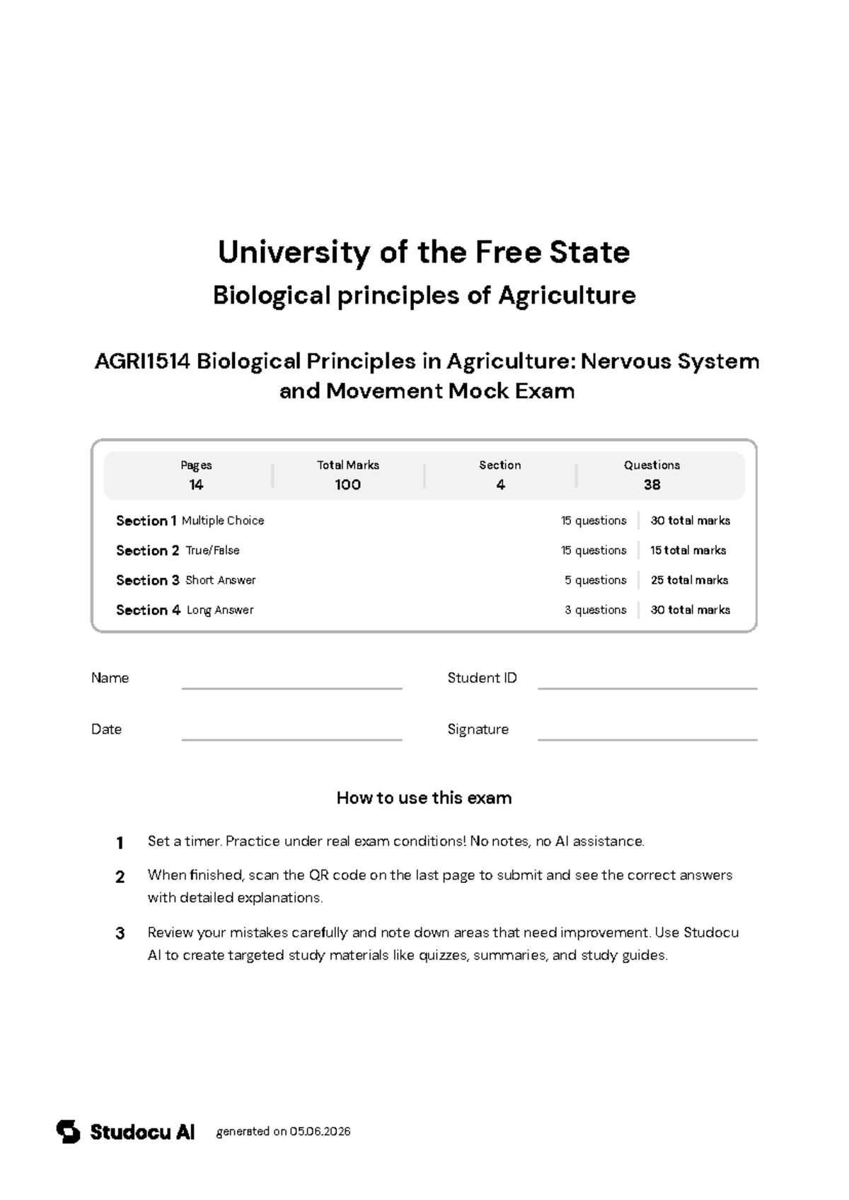 AGRI1514 Mock Exam: Nervous System & Movement - Studocu