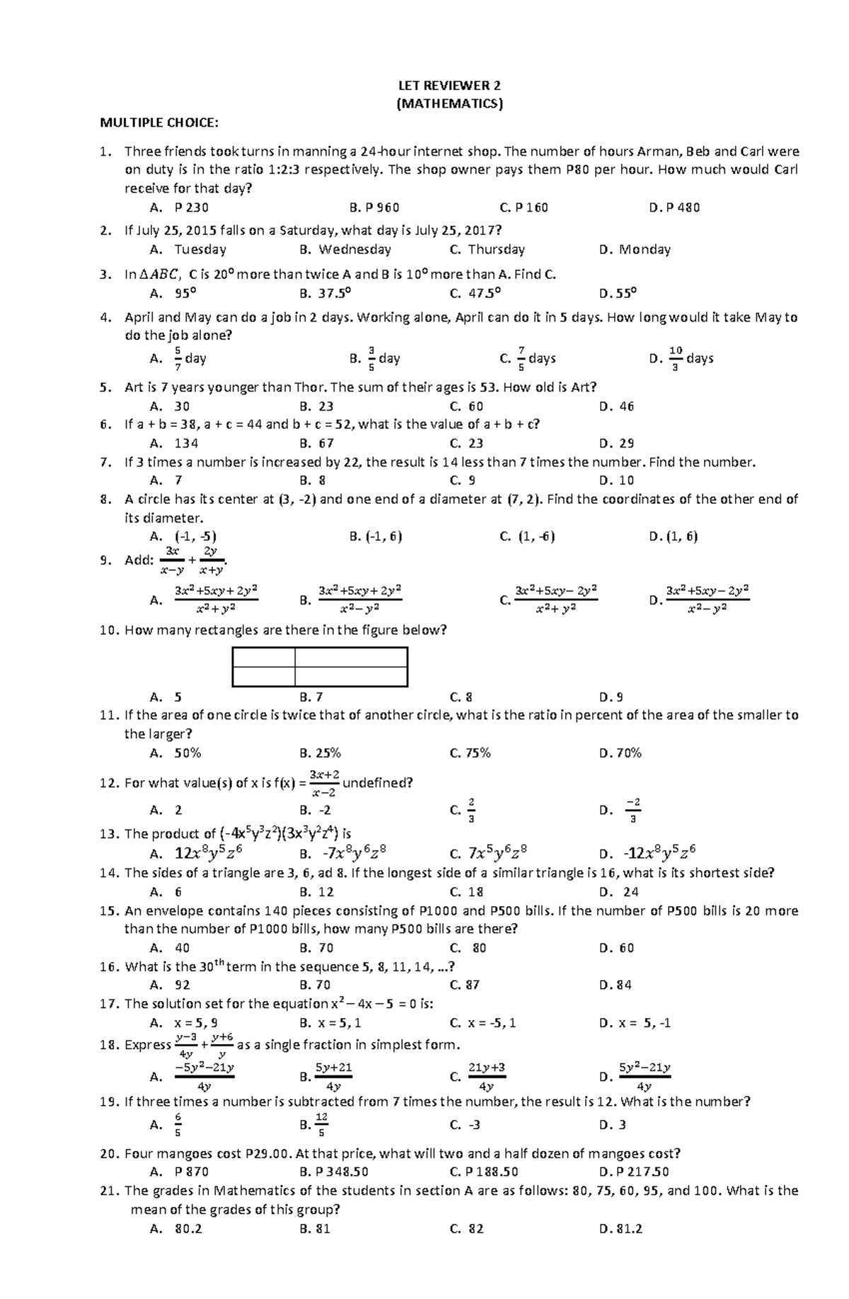 LET Reviewer 2 GE B Math: Comprehensive MCQ Practice Guide - Studocu