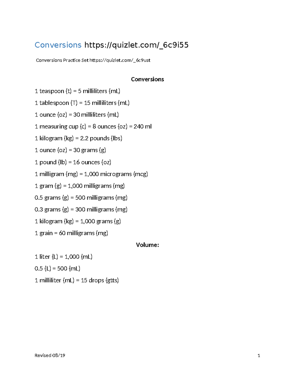 Conversions Practice Set for Fundamentals - Quizlet Resource - Studocu