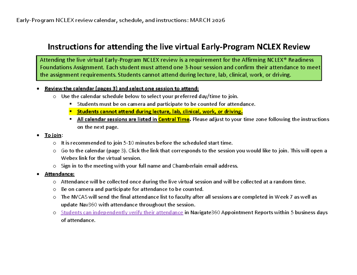 Early-Program NCLEX Review Calendar & Instructions: March 2026 - Studocu