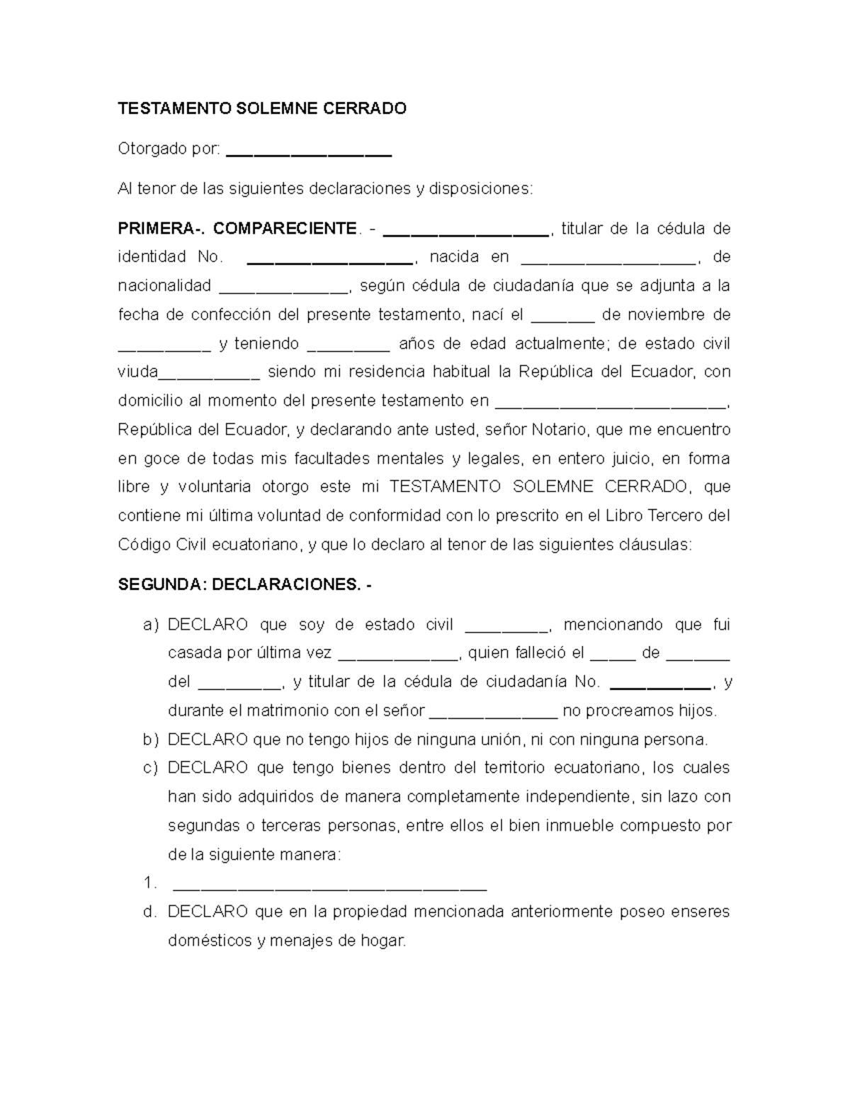 Modelo de Testamento Solemne Cerrado en Ecuador - Studocu