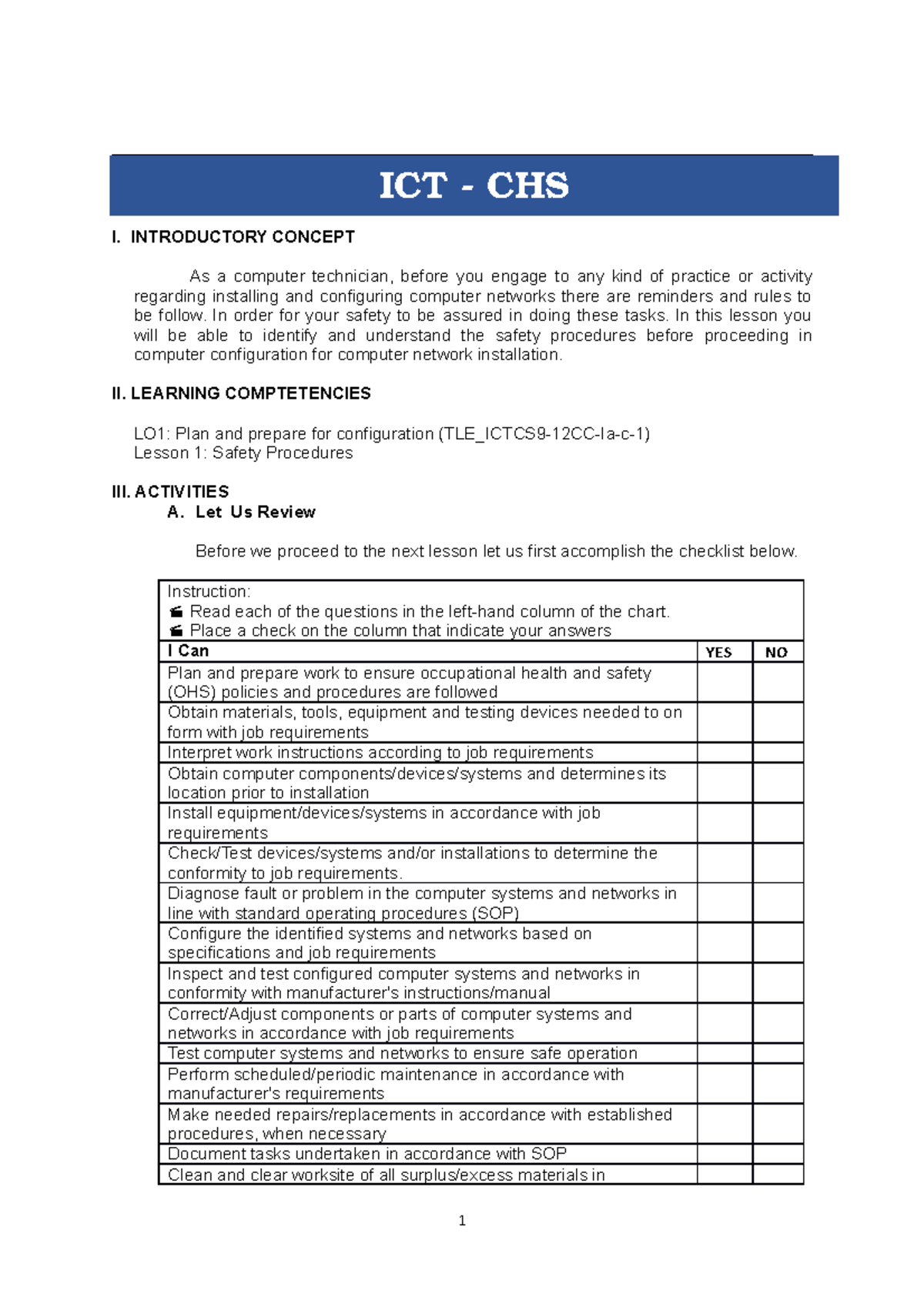 ICT - TLE Safety Procedures for Computer Networking Configuration - Studocu