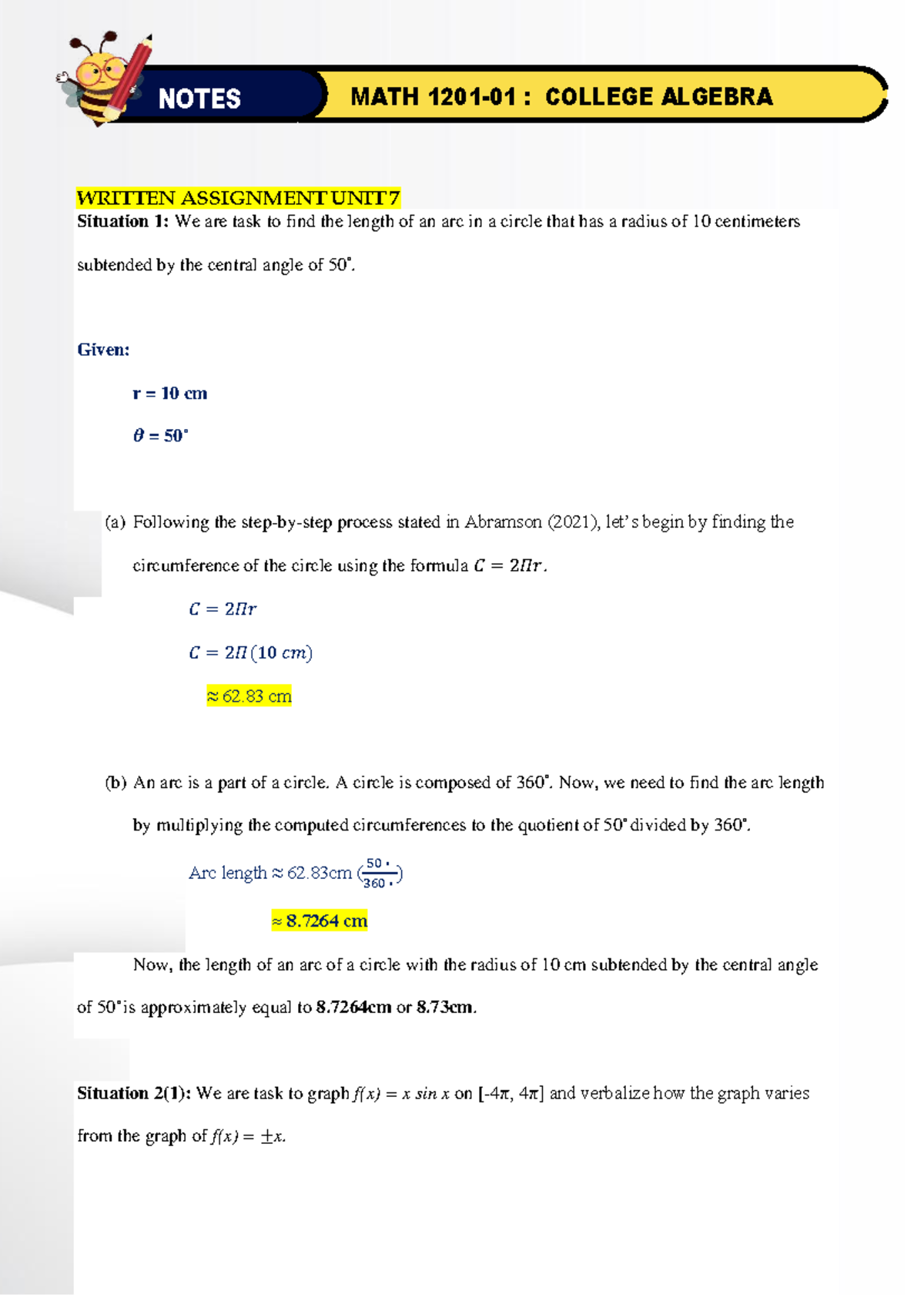 MATH 1201-01 College Algebra Written Assignment Unit 7 Notes - Studocu