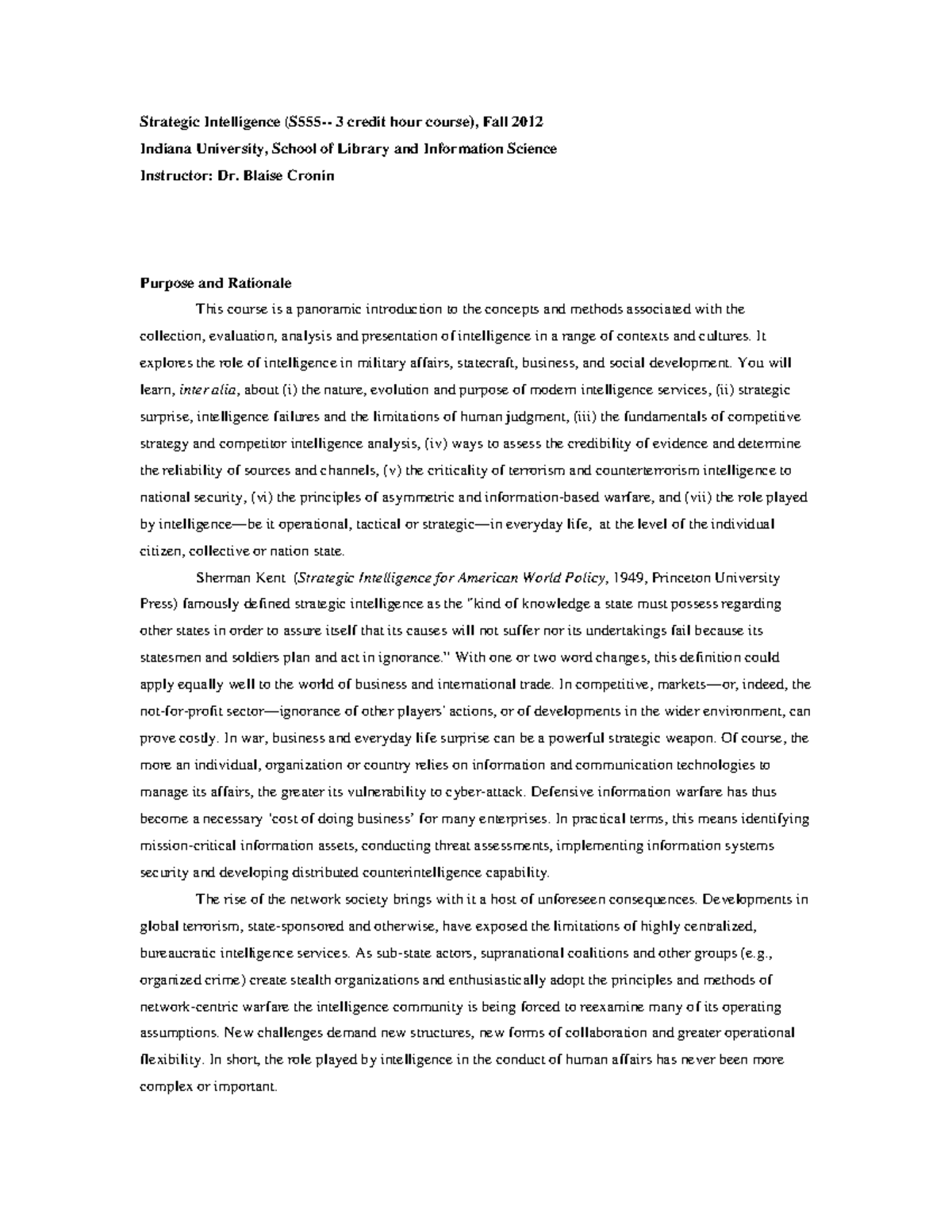Strategic Intelligence Course Overview - Indiana University (Fall 2012 ...