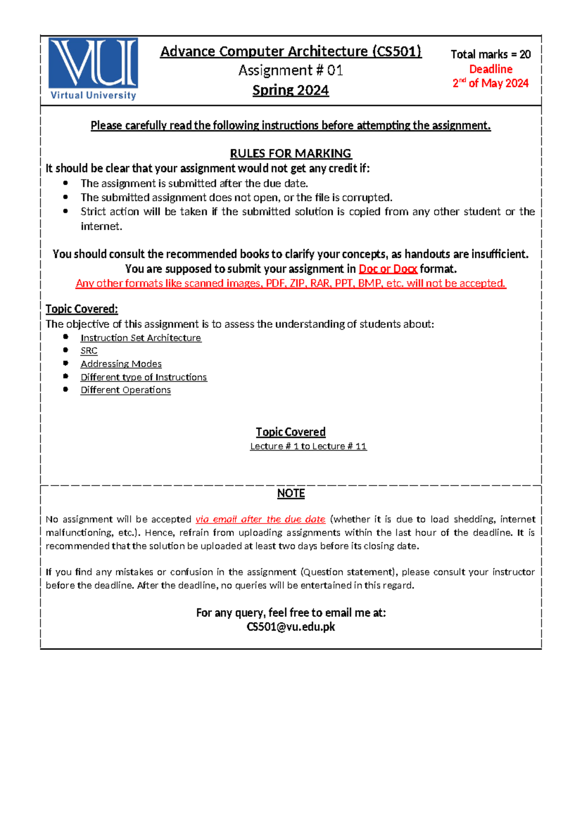 Spring 2024 CS501 1 - Advance Computer Architecture (CS501) Assignment ...