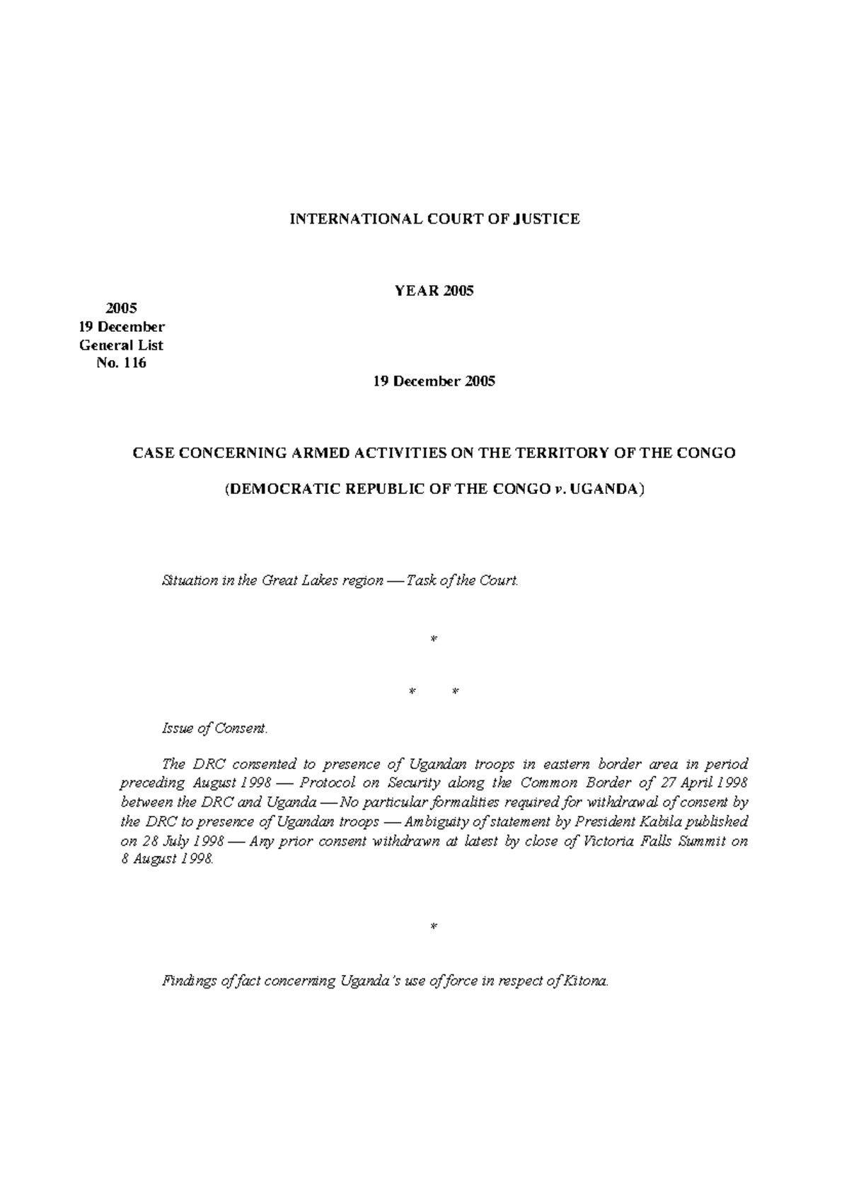 DRC v. Uganda: ICJ Judgment on Armed Activities (2005) - Studocu