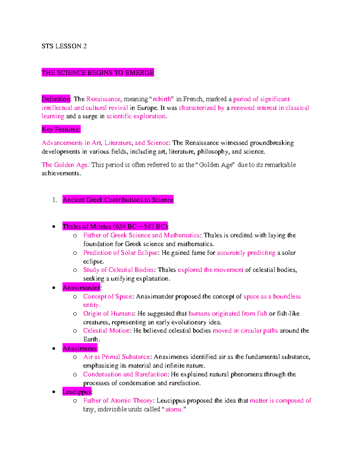 Lesson 2 Reviewer - Notes - STS LESSON 2 THE SCIENCE BEGINS TO EMERGE ...