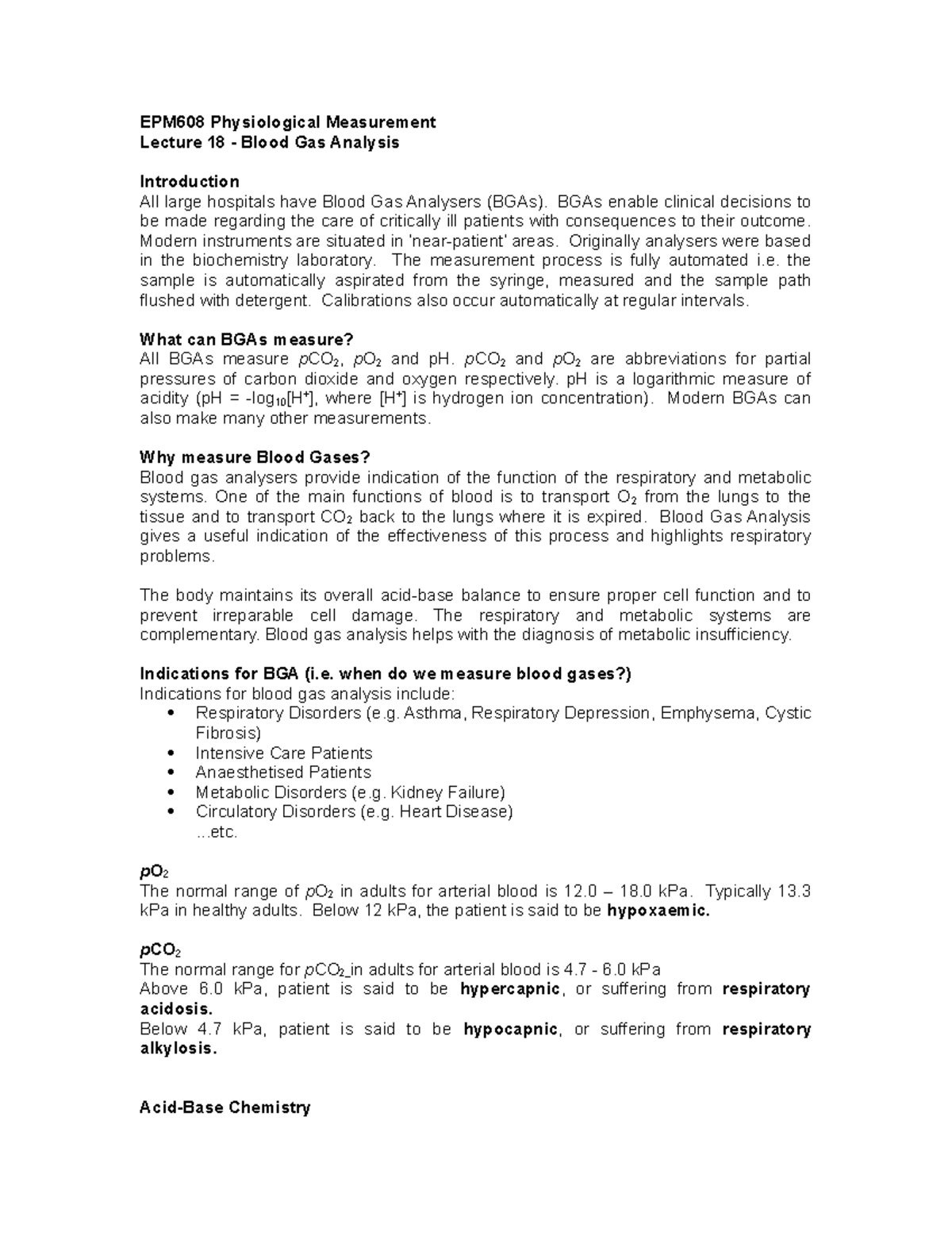 Lecture 18 - Blood Gas Analysis - EPM608 Physiological Measurement Lecture 18 - Blood Gas ...