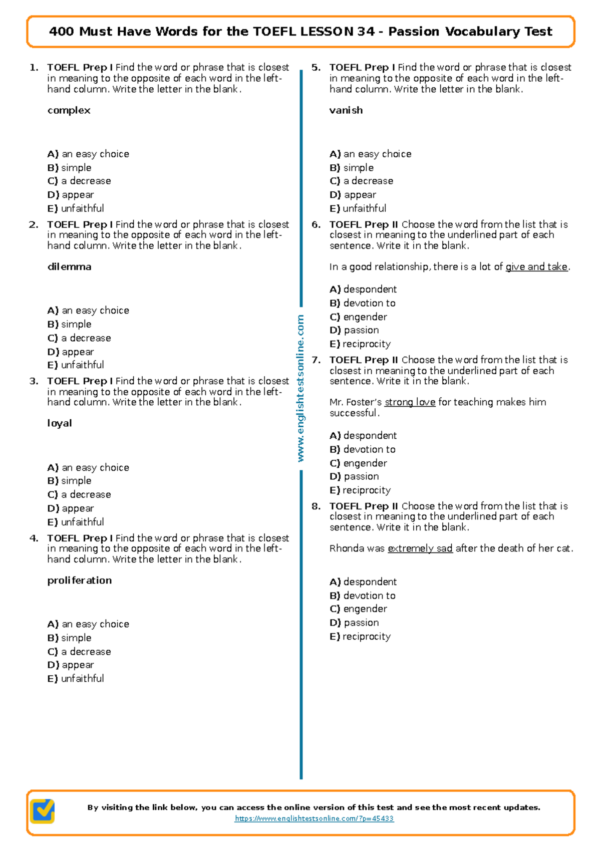 400 Must-Have Words for the TOEFL: Lesson 34 Passion Vocabulary Test ...