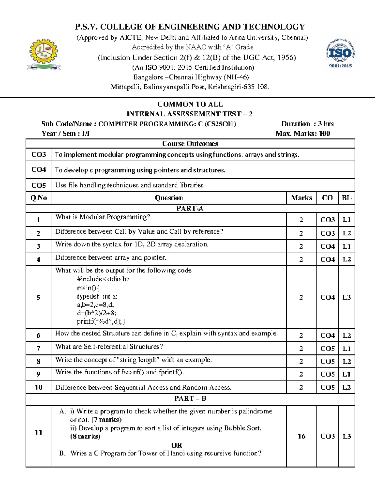C Programming Internal Assessment Test 2 (CS25C01) Questions - Studocu