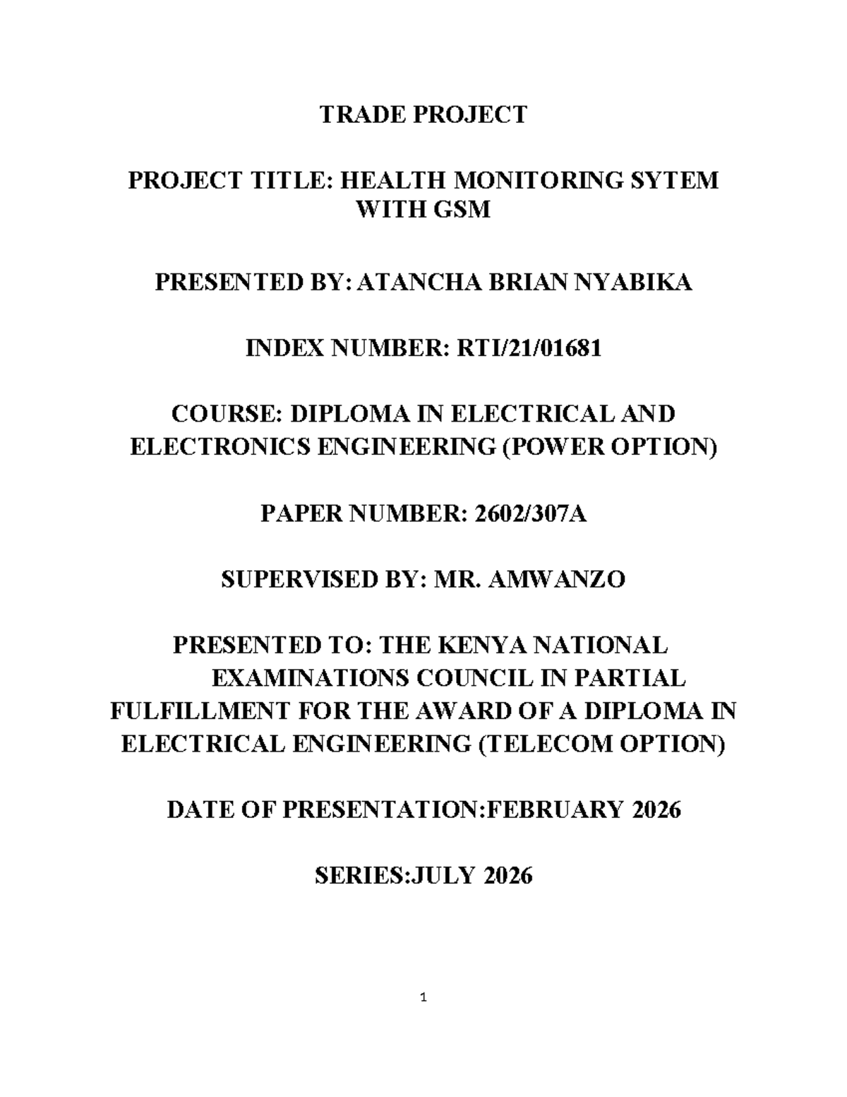 Health Monitoring System with GSM - Diploma Project (DEE 2026) - Studocu