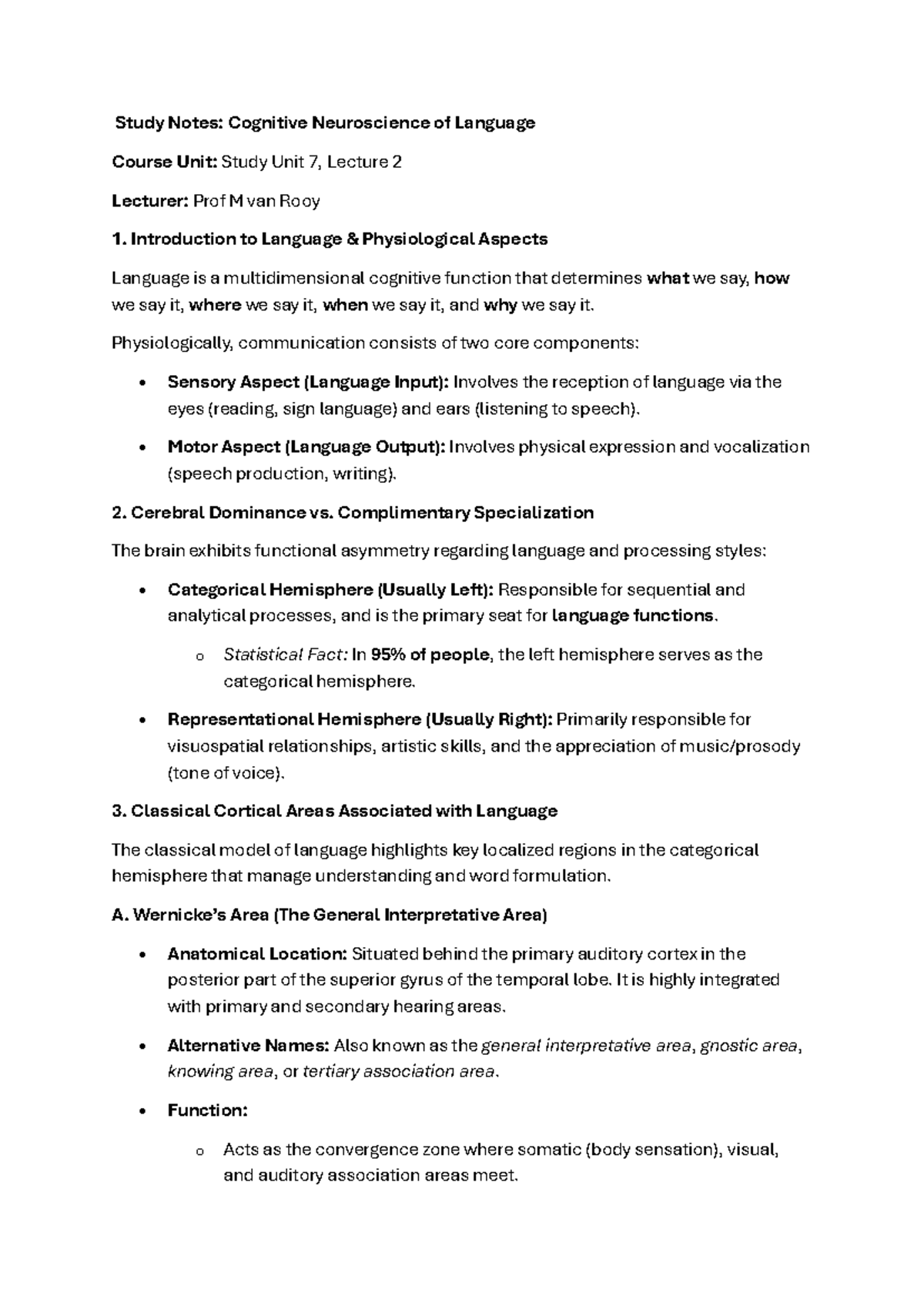 FLG327 Language - Study Notes on Cognitive Neuroscience of Language ...