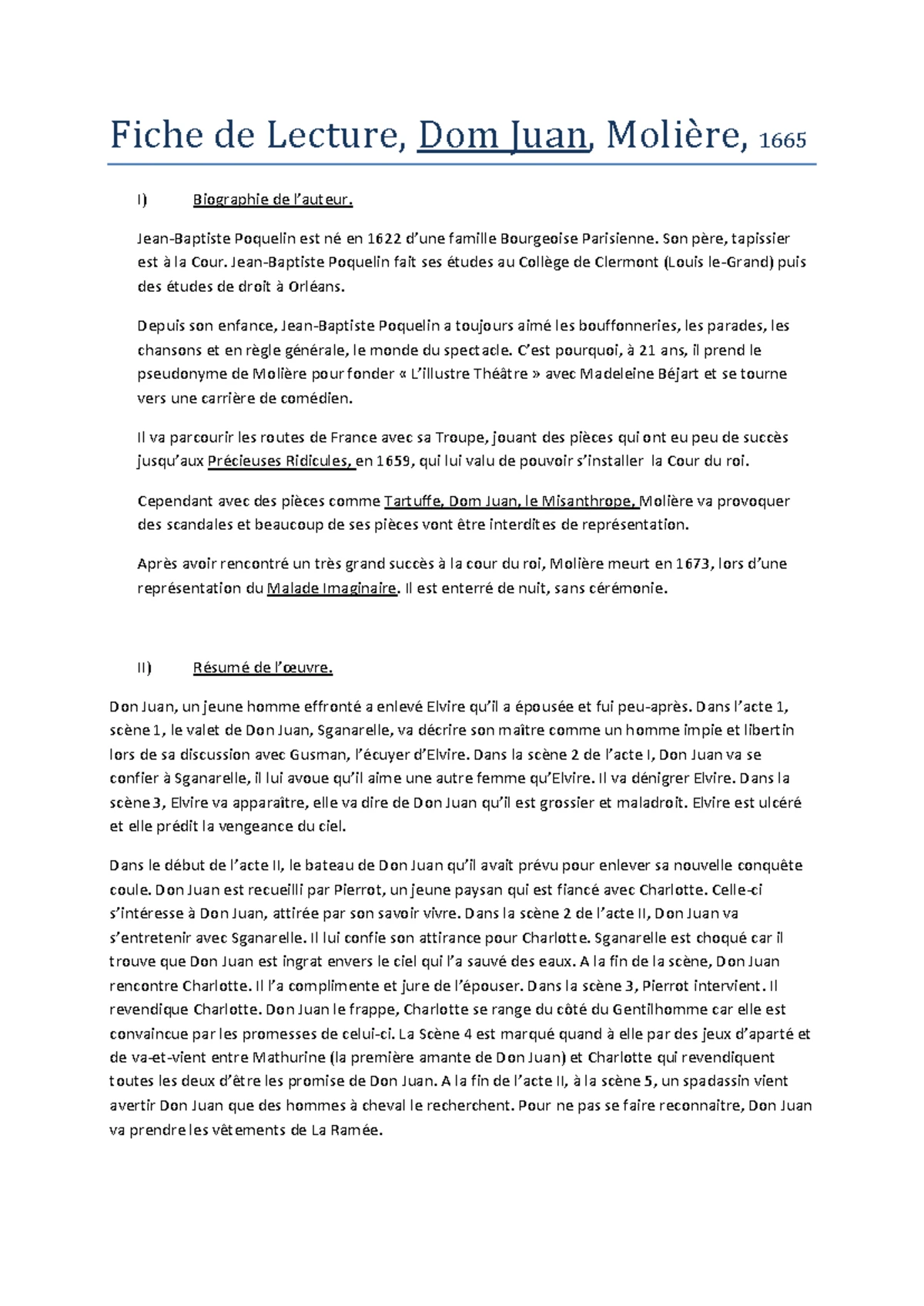 Fiche de Lecture: Dom Juan de Molière (1665) - Analyse Complète - Studocu