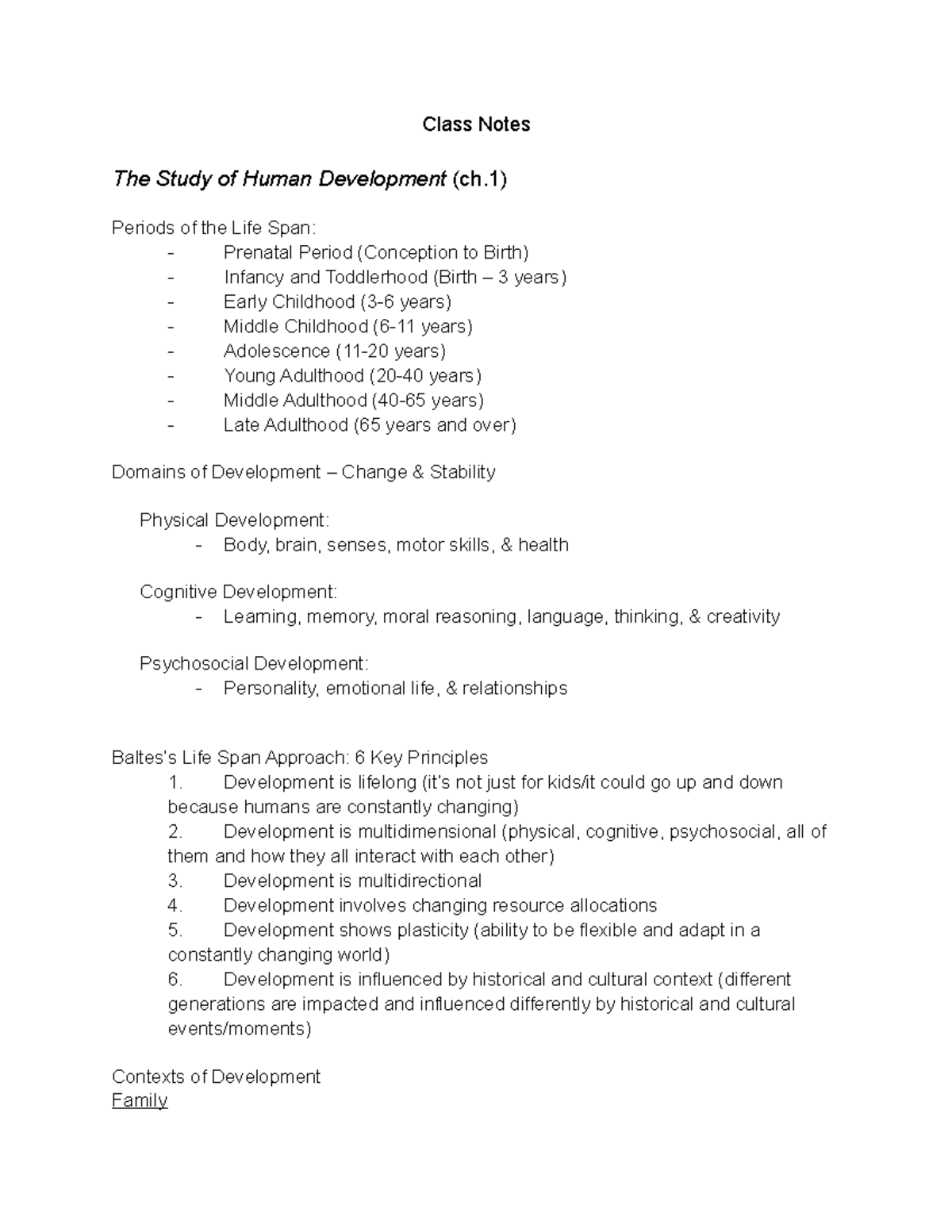 PSYC203 Class Notes 1 - Class Notes The Study of Human Development (ch ...