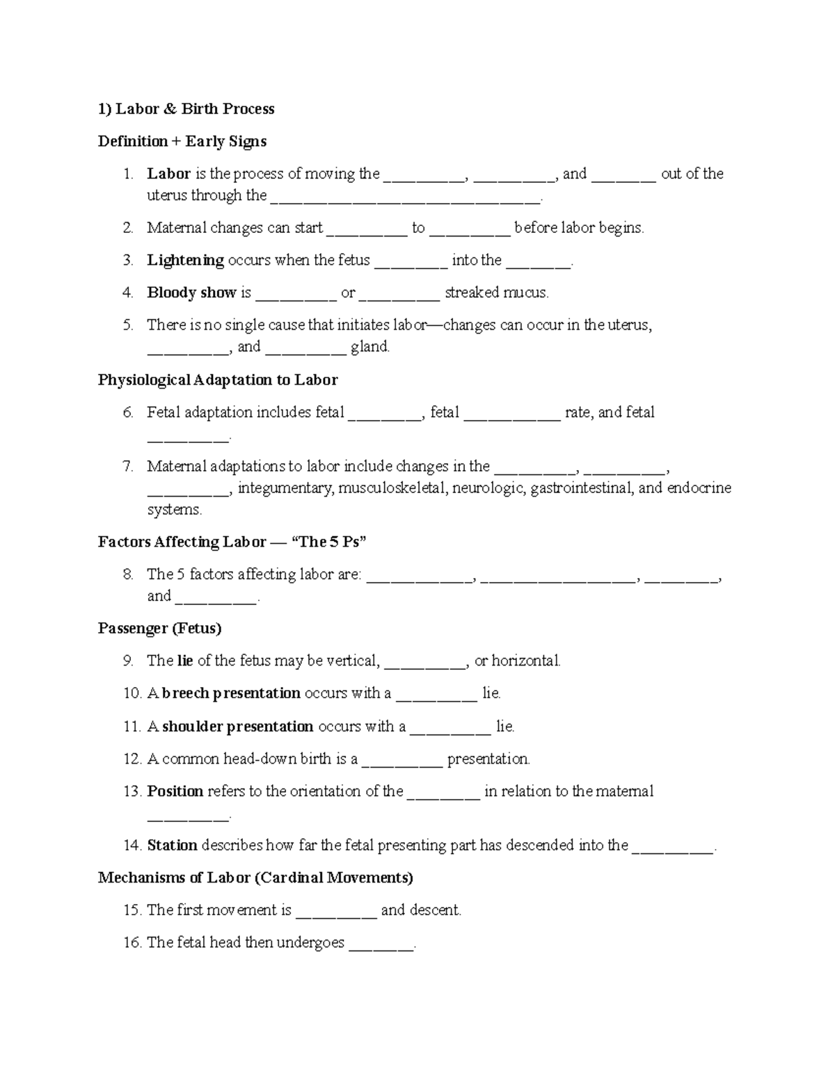 Labor Study Guide: Understanding the Birth Process and Management - Studocu