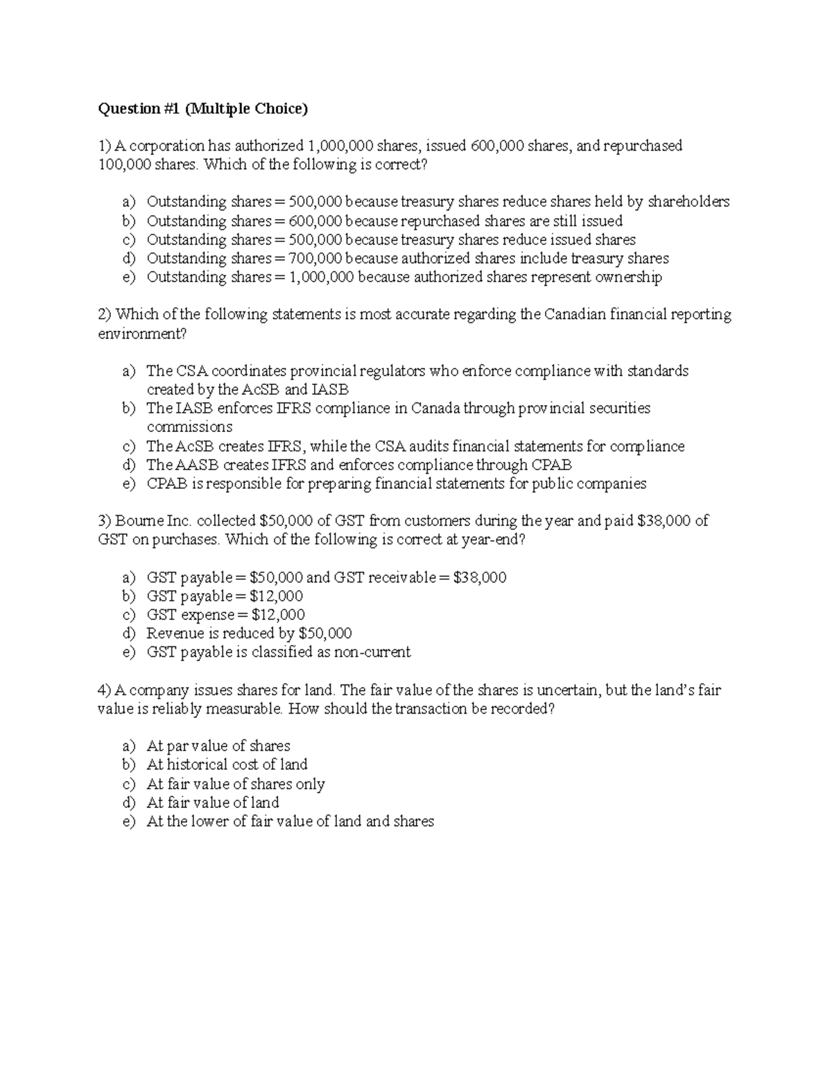 Mock Final Exam (Course Code: ACC 101) - Multiple Choice Questions ...