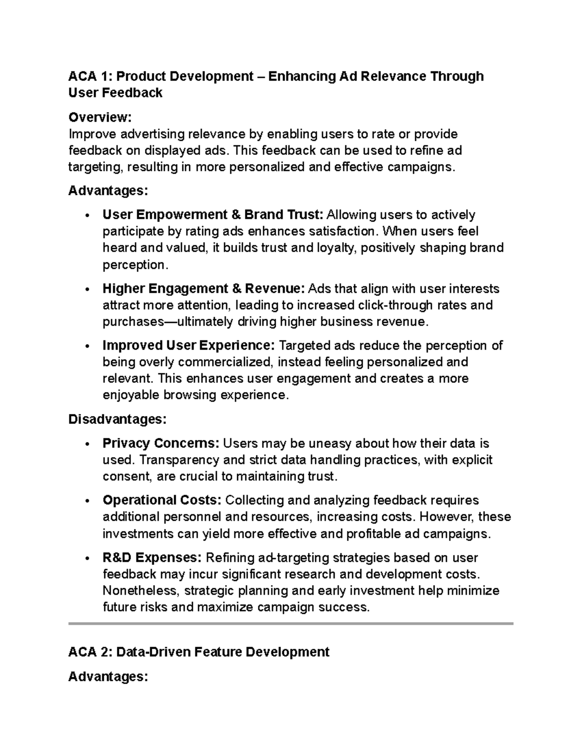 ACA - Alternative Courses of Action - ACA 1: Product Development ...