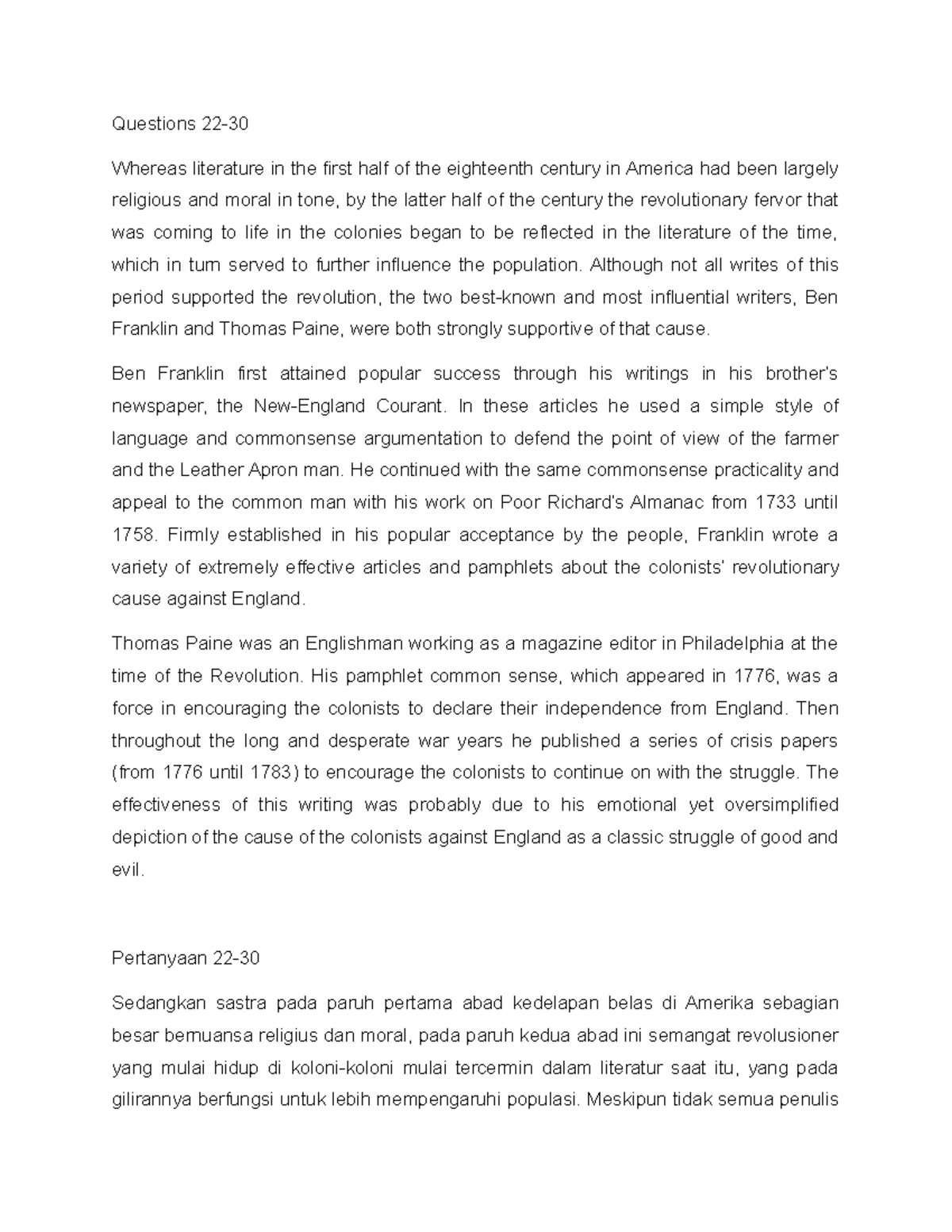 Reading Questions 22-30: The Influence of Eighteenth-Century Literature ...