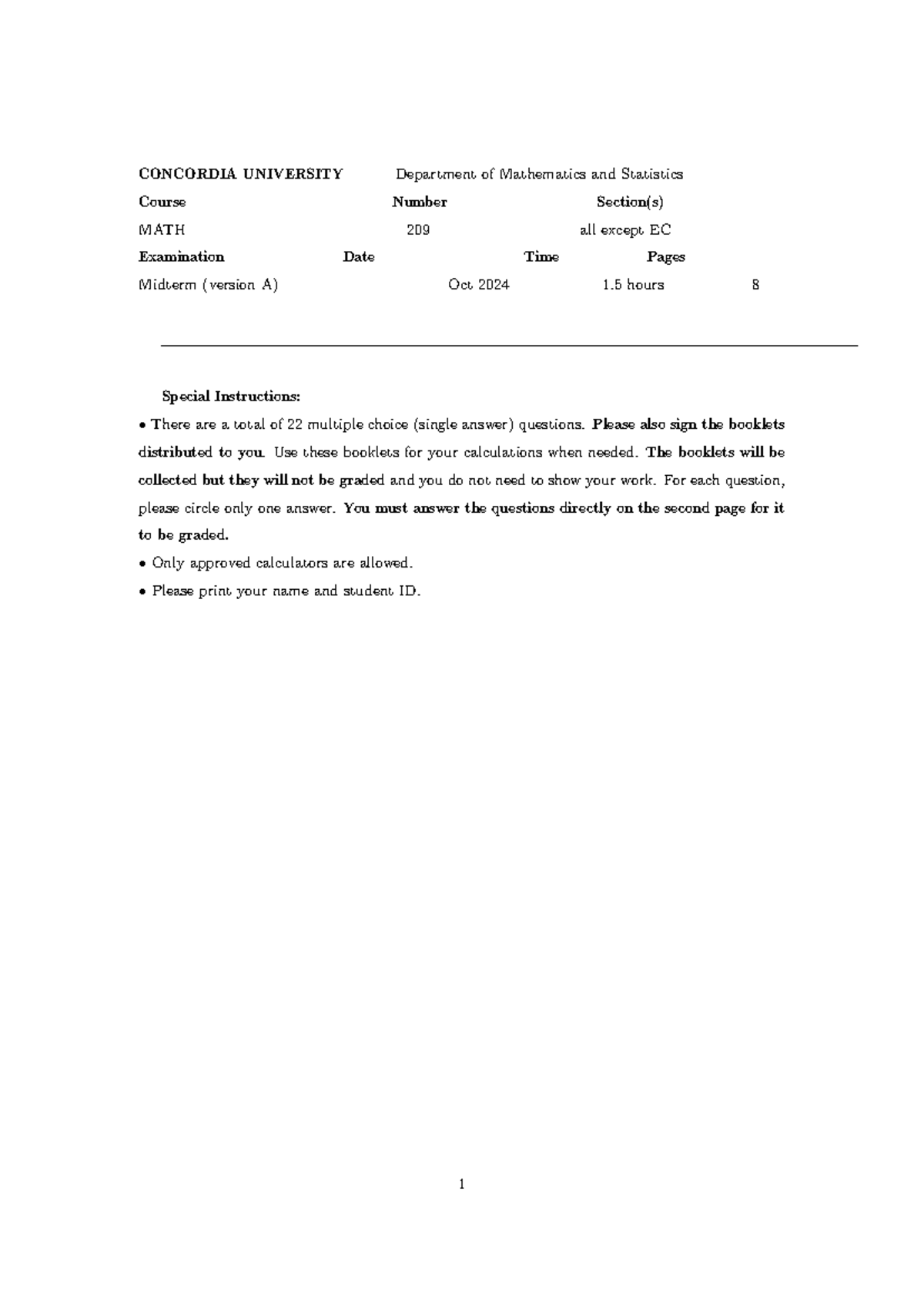 MATH209 Midterm Exam Solutions Key (Version A) - Fall 2024 - Studocu