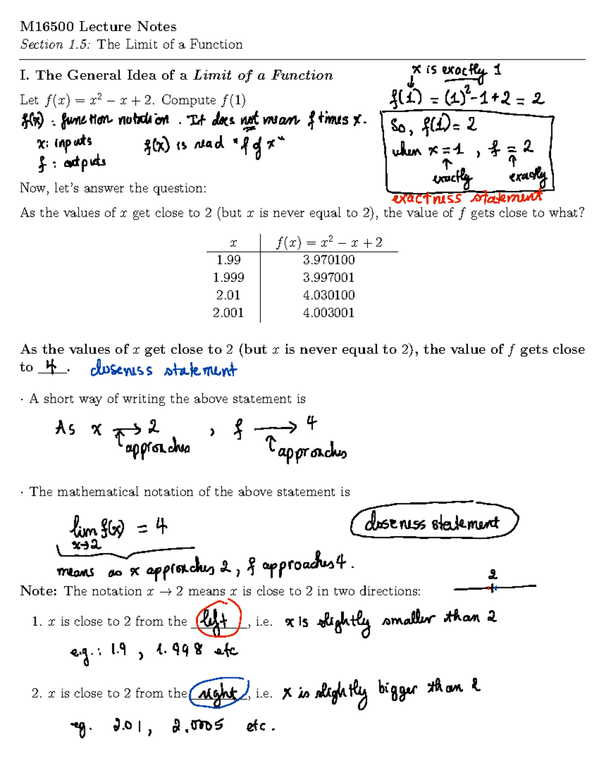 Limits of a function - M16500 Lecture Notes Section 1: The Limit of a ...