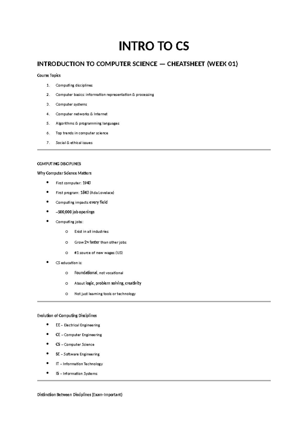 Intro to CS: Week 01 Cheatsheet on Computer Science Fundamentals - Studocu