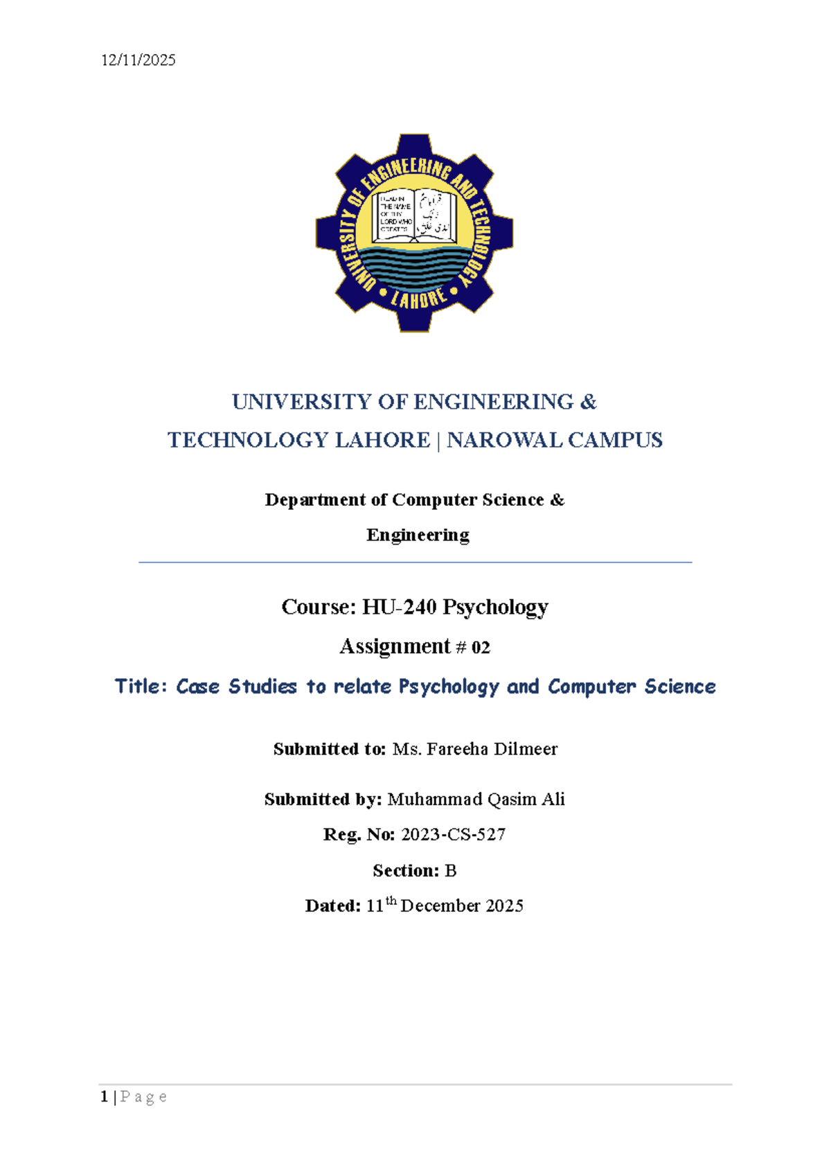 Psychology & Computer Science: Case Studies Assignment 02 - CSE 101 ...