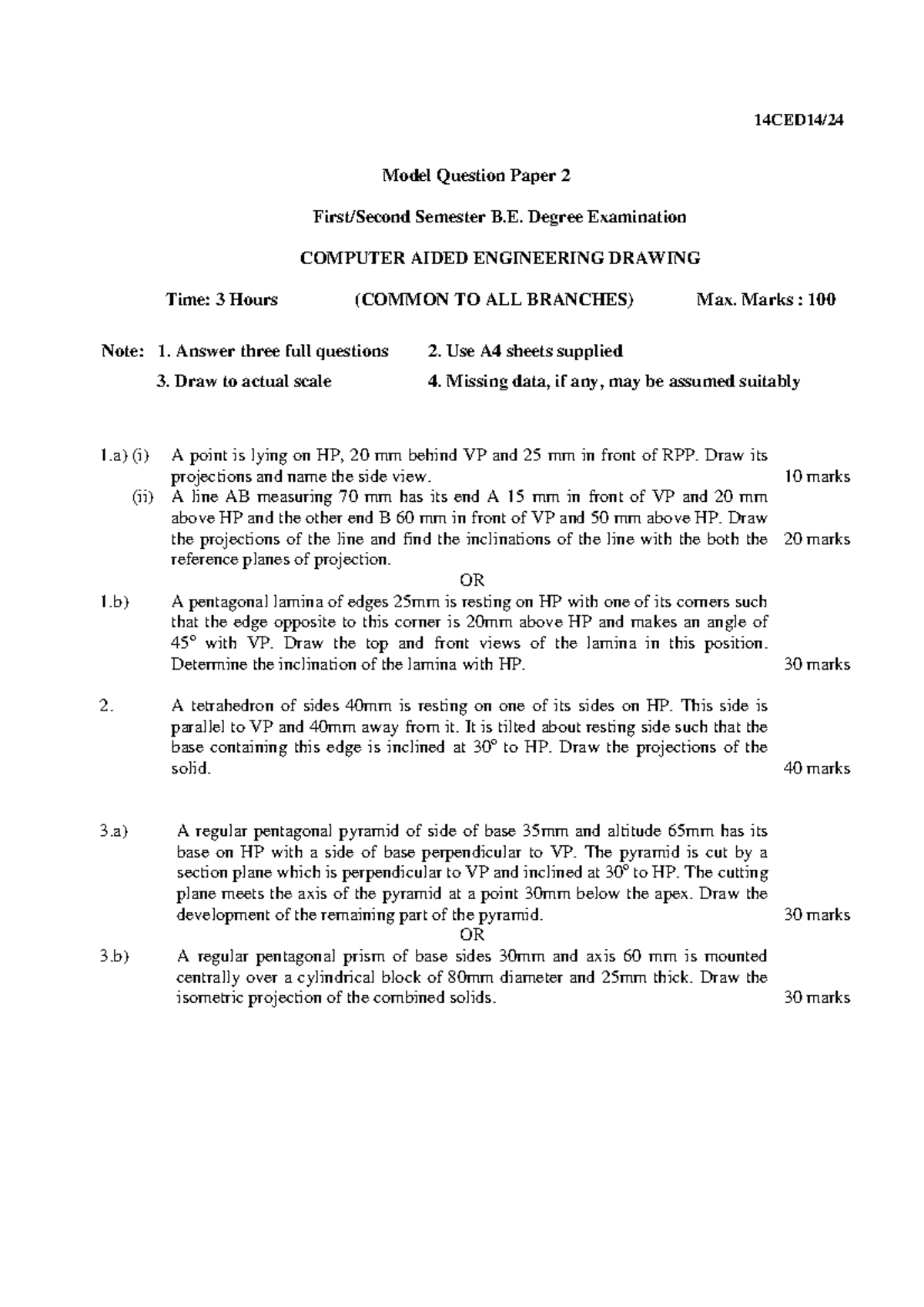 Caed2 - Computer Aided Engineering Drawing Model Question Paper 2 - Studocu