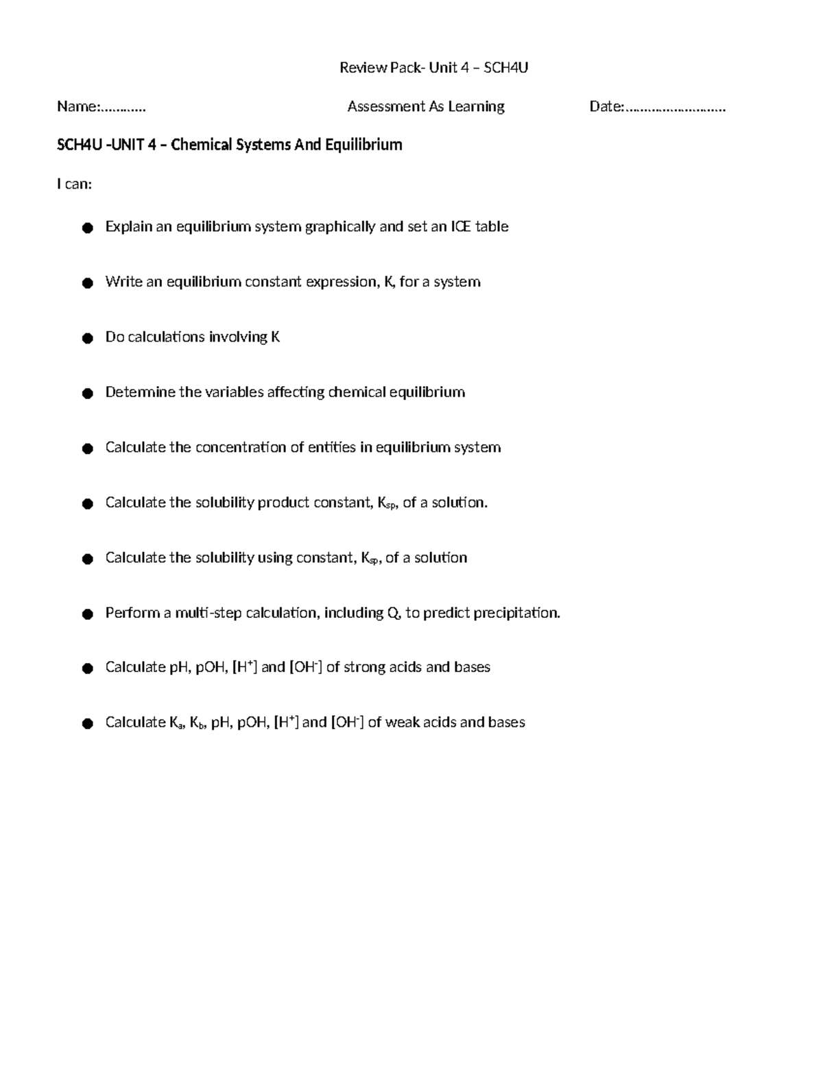SCH4U - Unit 4 Chemical Equilibrium Review Guide - Studocu