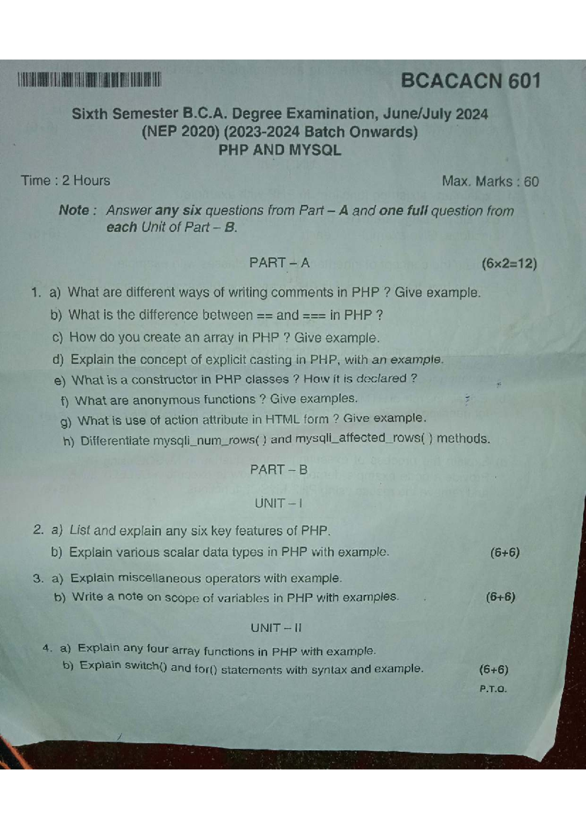 6th Sem BCA NEP 2023-24 Exam Papers: PHP, MySQL, WCMS, & Advanced Java - Studocu