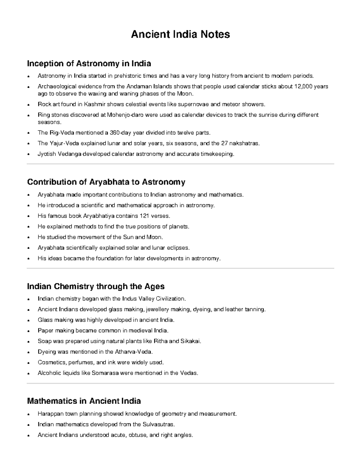 Ancient India Notes: Key Contributions to Astronomy, Chemistry, and ...
