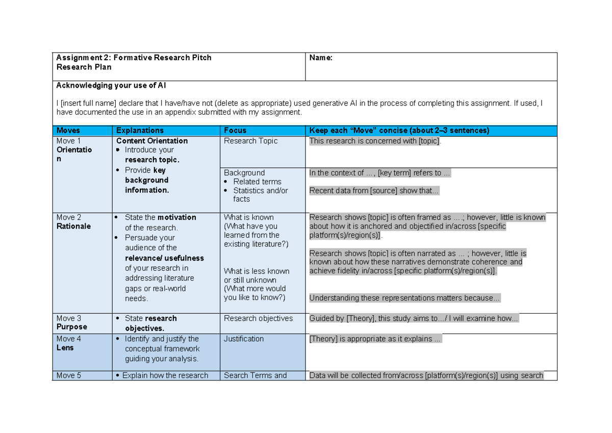 Assignment 2: Formative Research Pitch Plan Template - Studocu