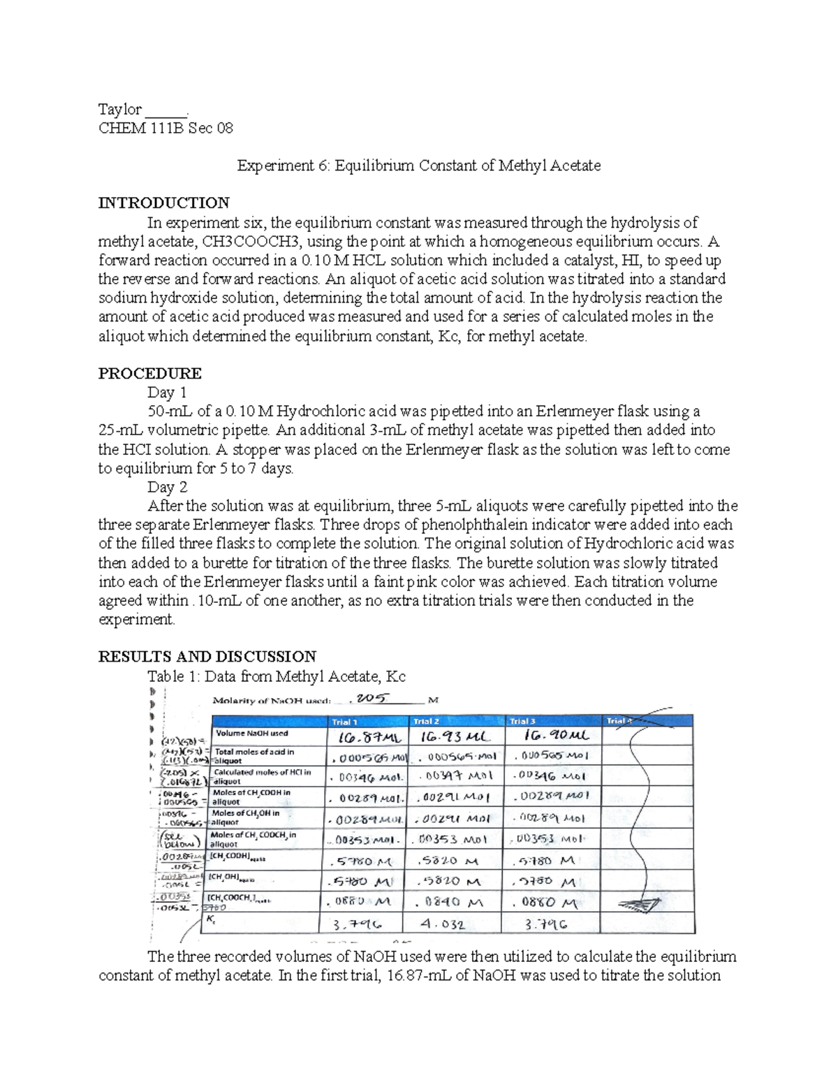 CHEM 111B Sec 08: Methyl Acetate Equilibrium Constant Lab Report - Studocu