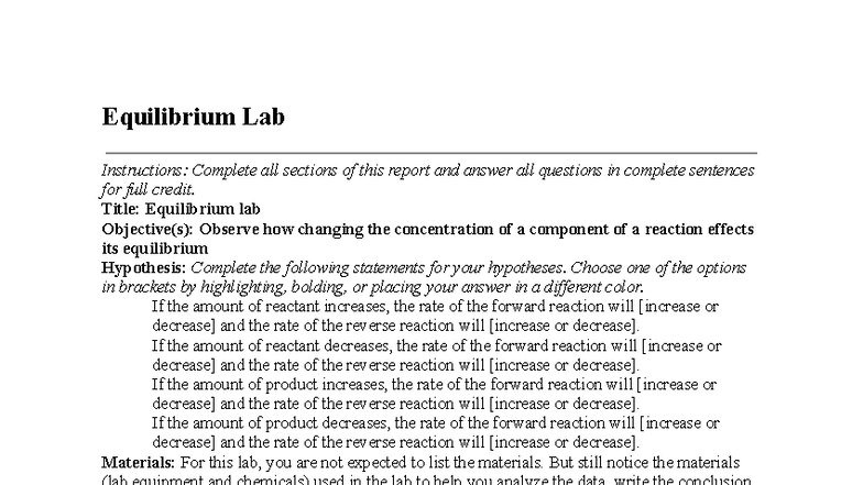Lab report - idk - Equilibrium Lab Instructions: Complete all sections ...