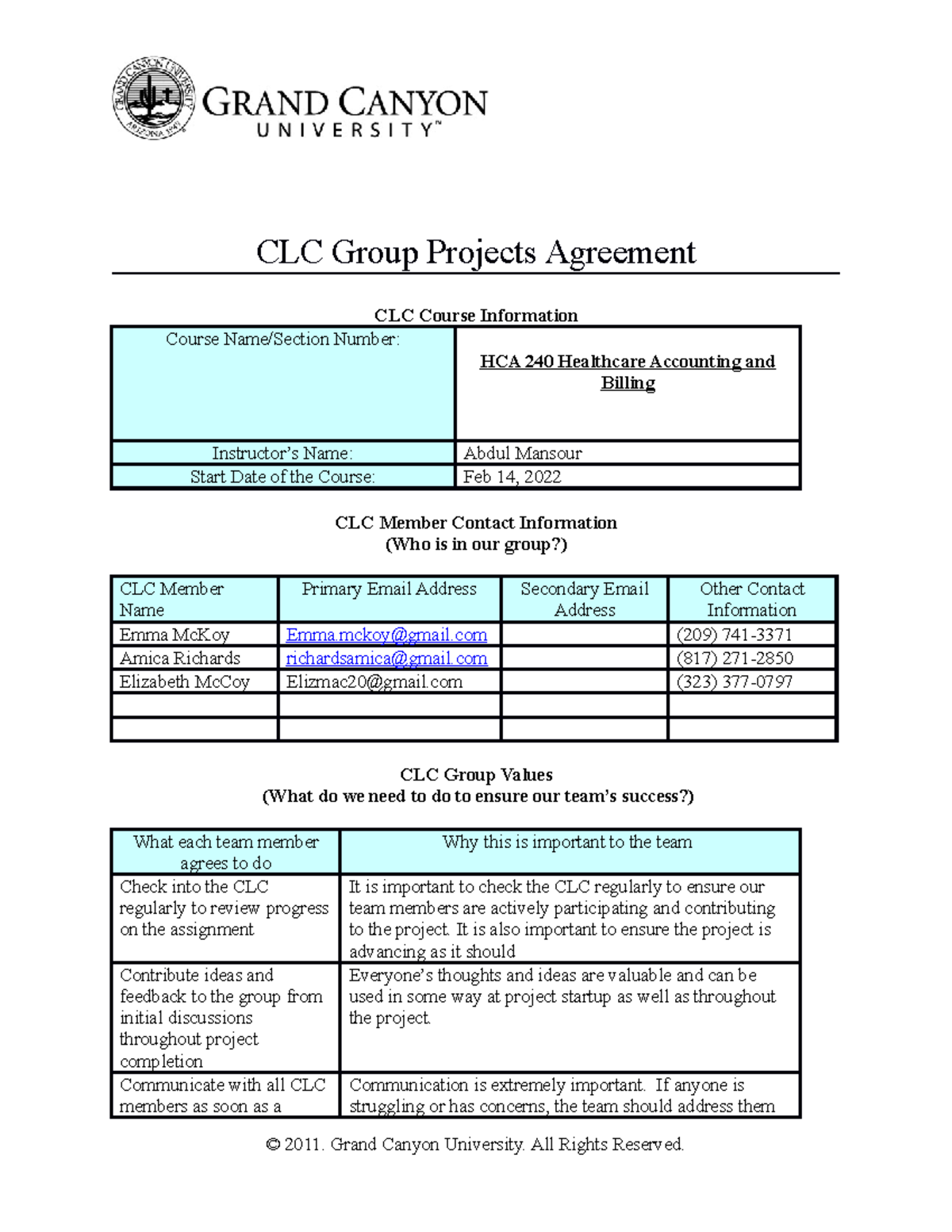 HCA 240 CLC Group Project Agreement and Management Guidelines - Studocu