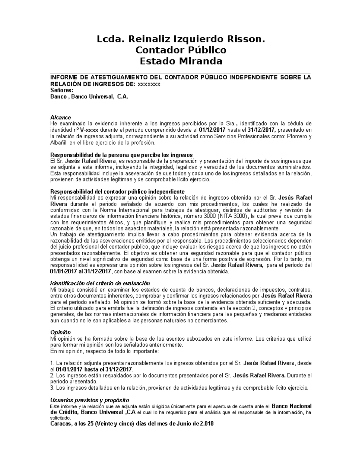 Informe de Atestiguamiento sobre Ingresos - Certificación DE Ingresos ...