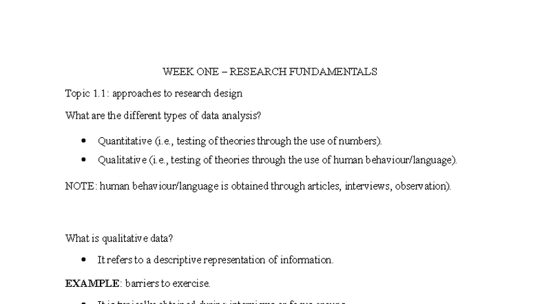 WEEK ONE RESEARCH FUNDAMENTALS: Data Analysis Approaches and Concepts ...