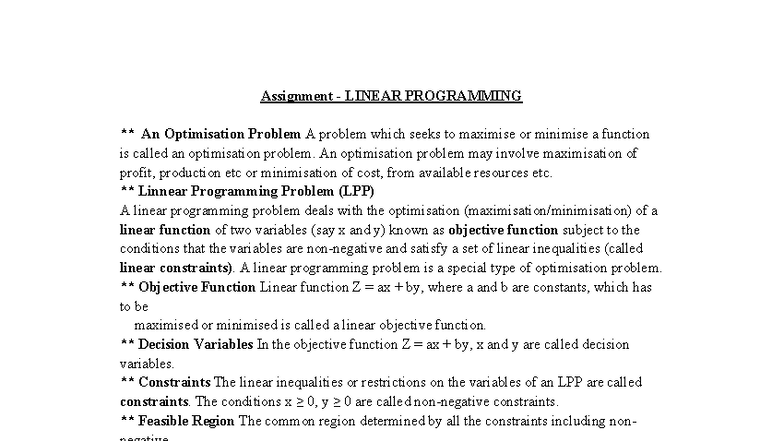 LPP - Class XII - Assignment - LINEAR PROGRAMMING ** An Optimisation ...