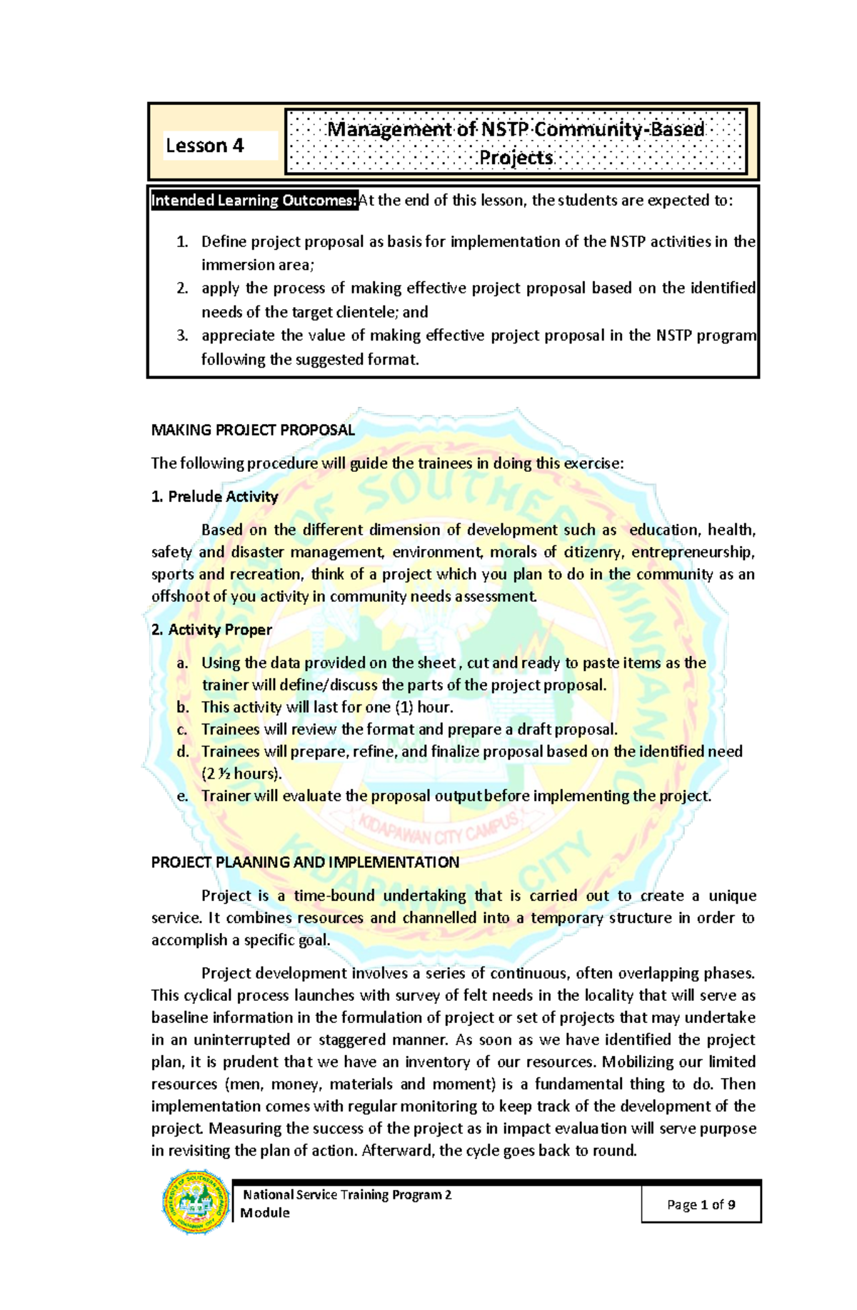 Topic-4 - 1. Define project proposal as basis for implementation of the NSTP activities ...