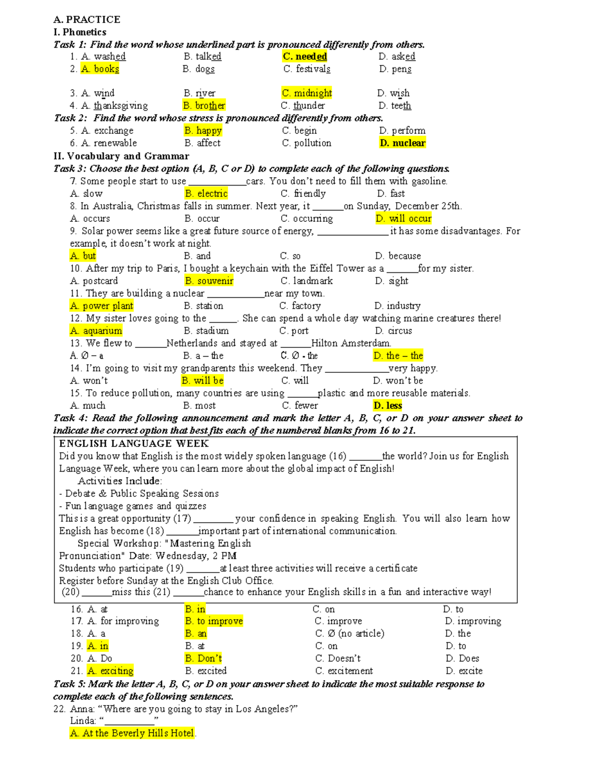 A. ENGLISH TEST 7: Phonetics, Vocabulary, Grammar & Reading Tasks - Studocu