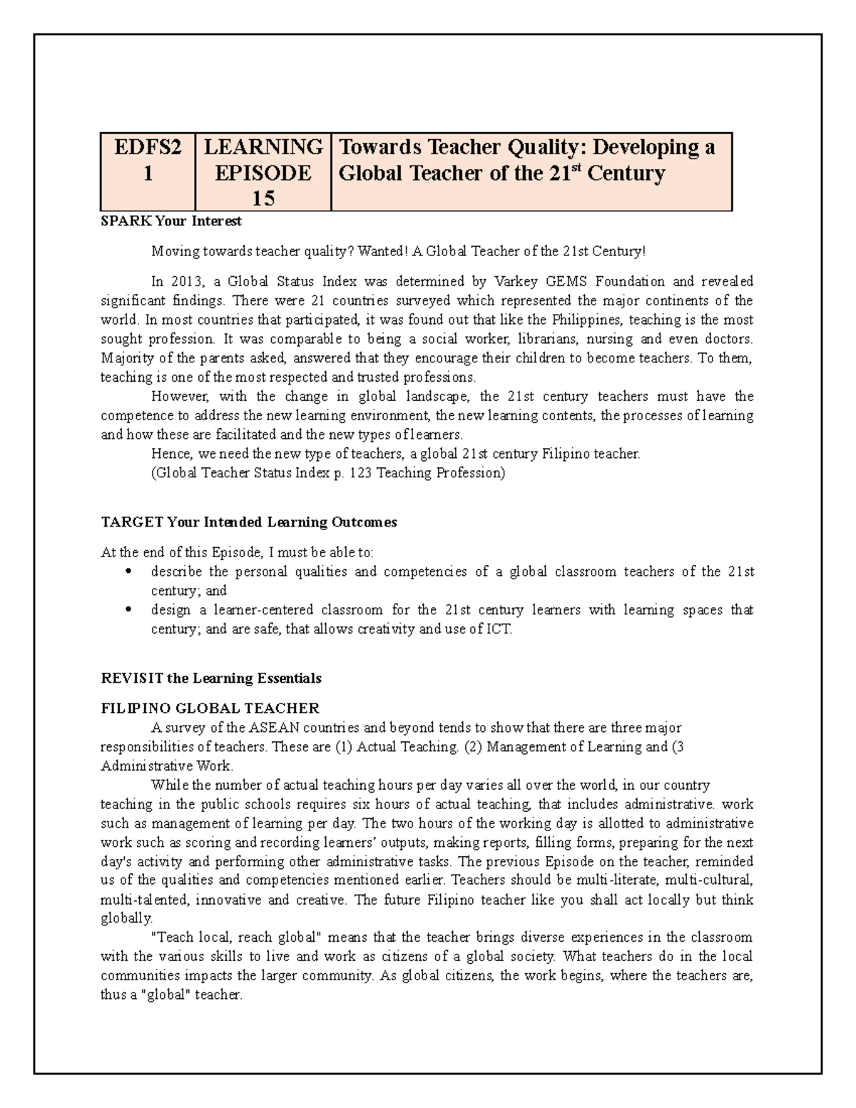 EDFS 15: Developing 21st Century Quality Global Teachers - Studocu