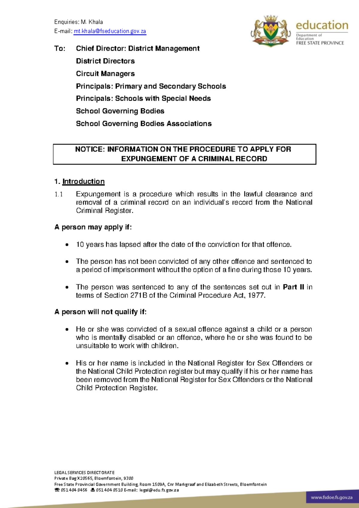 Circular: Procedure for Criminal Record Expungement - M. Khala - Studocu